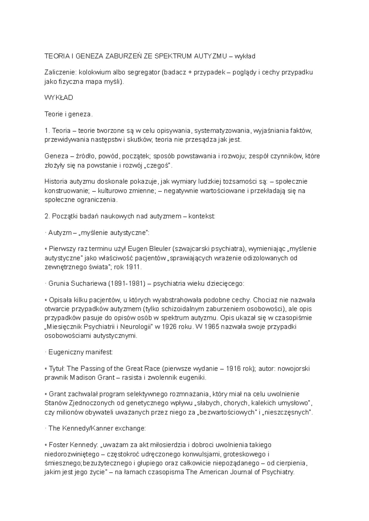 Teoria i geneza ASD - TEORIA I GENEZA ZABURZEŃ ZE SPEKTRUM AUTYZMU – wykład Zaliczenie ...