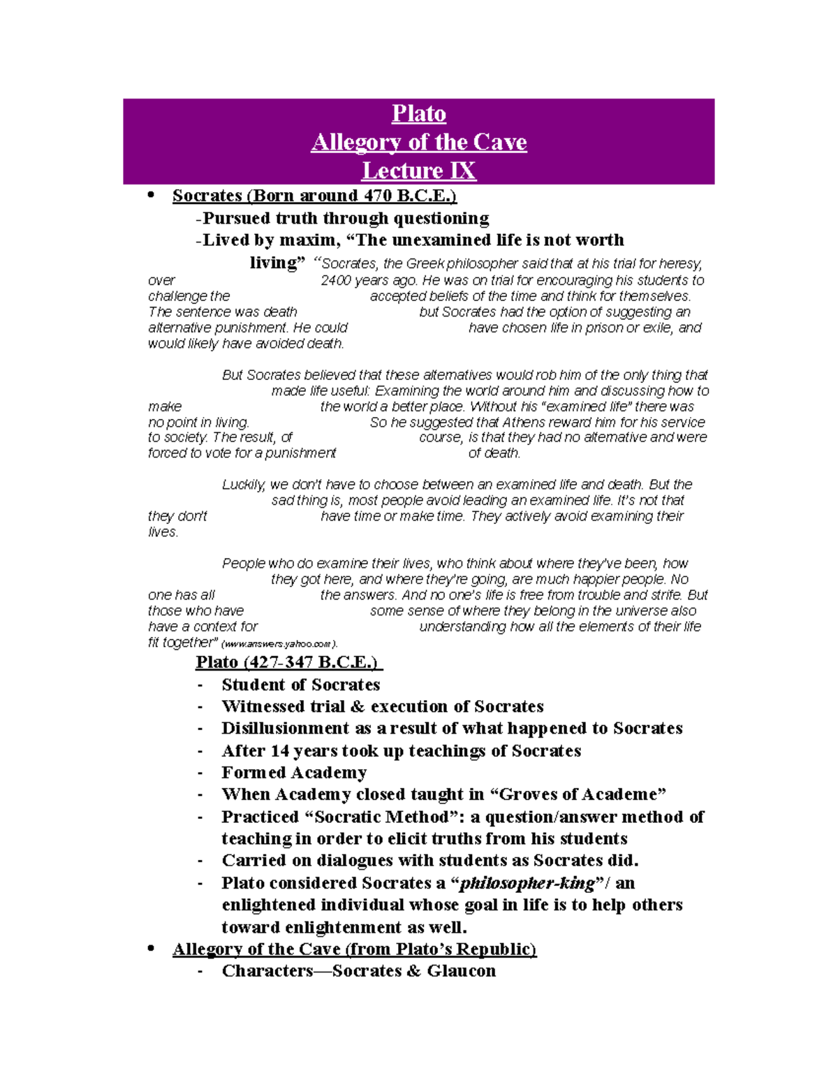 Lecture 9 Plato'S Allegory OF THE CAVE - Plato Allegory of the Cave ...