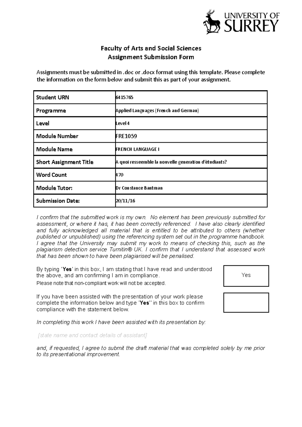 FRE1059-6415765 - Assignment - Faculty of Arts and Social Sciences ...
