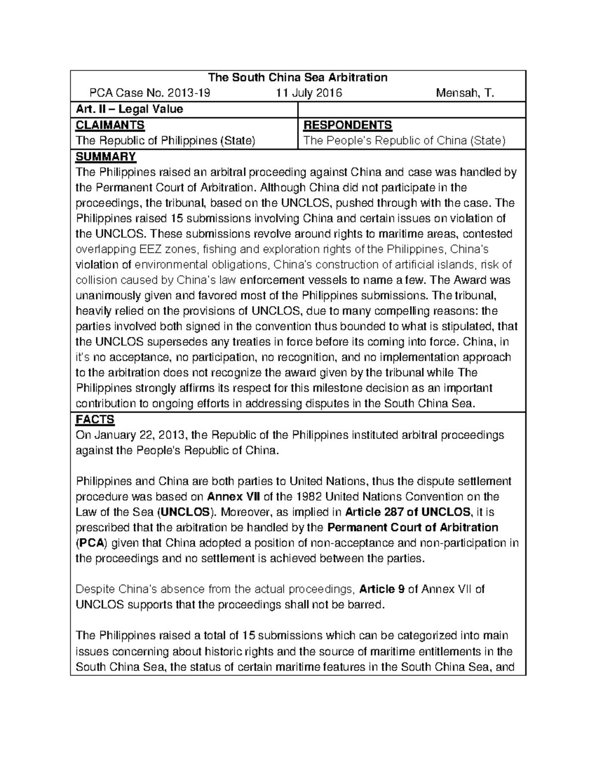 Pca case no 2013-19 case digest - The South China Sea Arbitration PCA Case No. 2013- 19 11 July ...