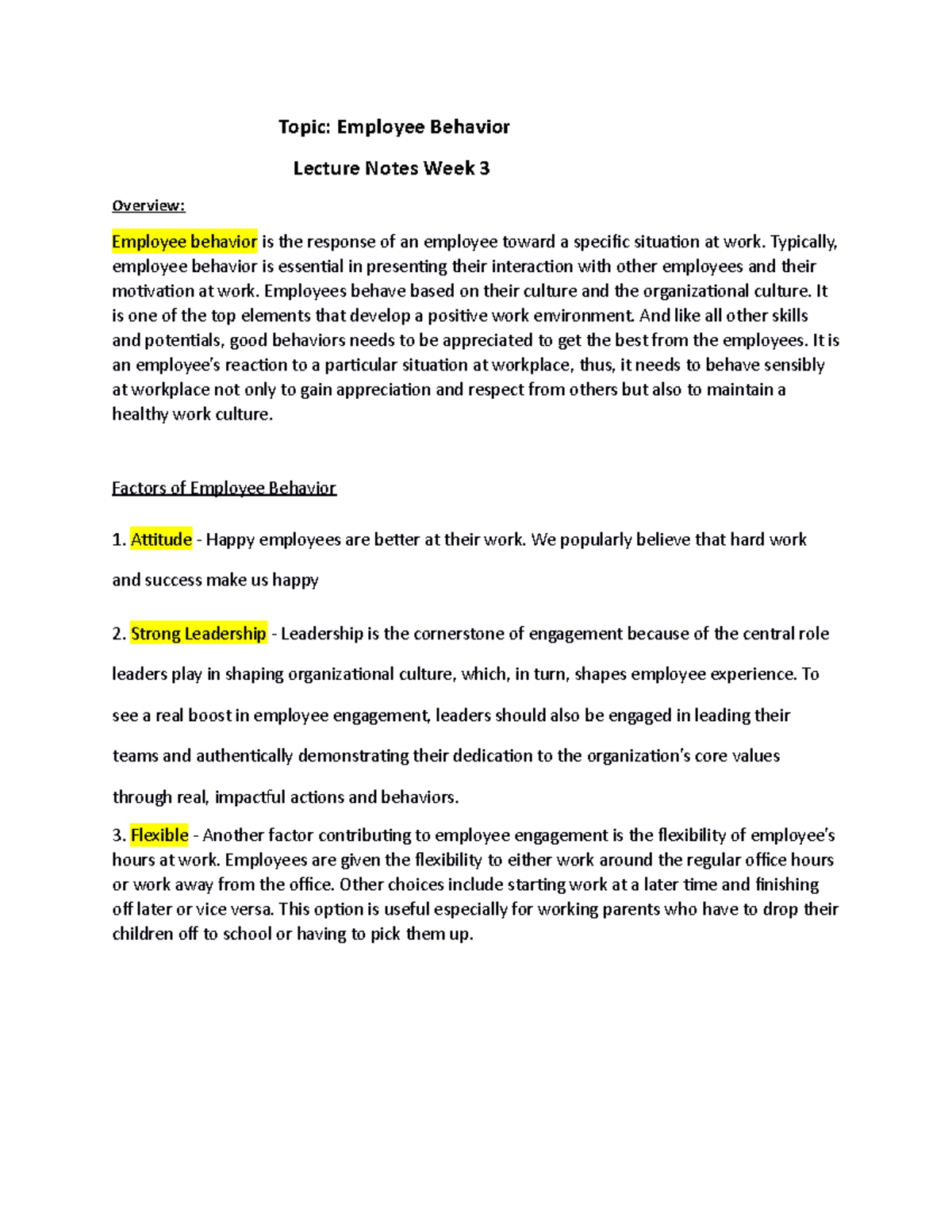 Employee Behavior - Topic: Employee Behavior Lecture Notes Week 3 ...