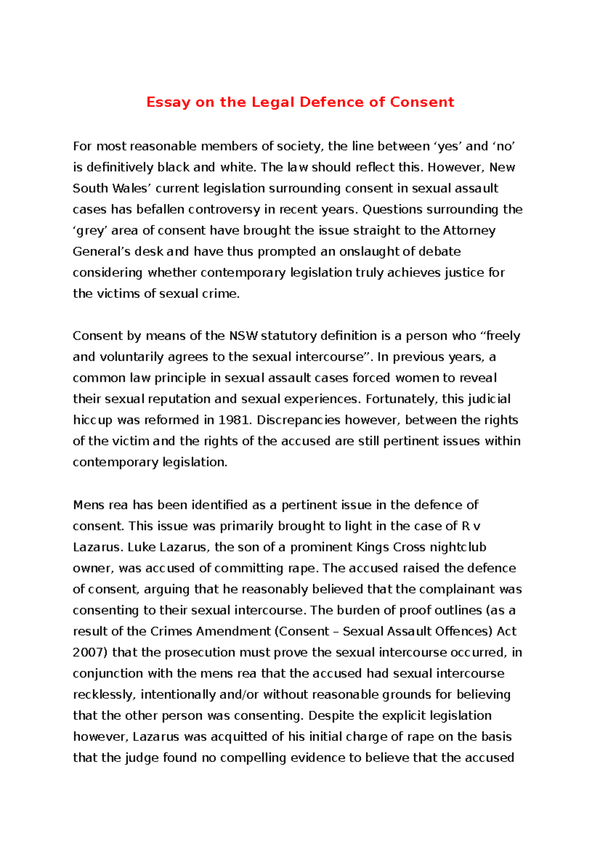 Essay on the Legal Defence of Consent - Criminal Law and Procedure A ...