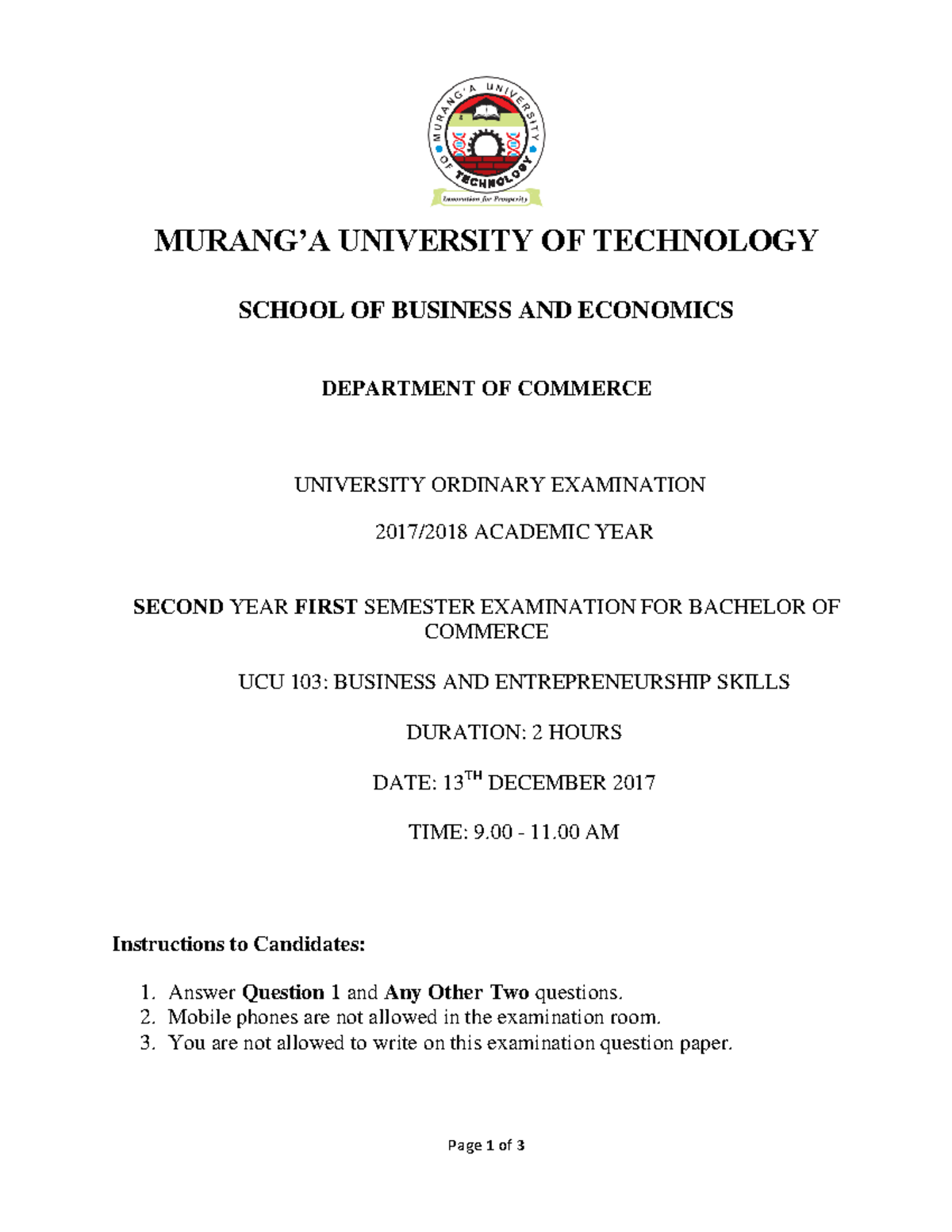 UCU 103 Business AND Entrepreneurship Skills - Page 1 of 3 MURANG’A ...