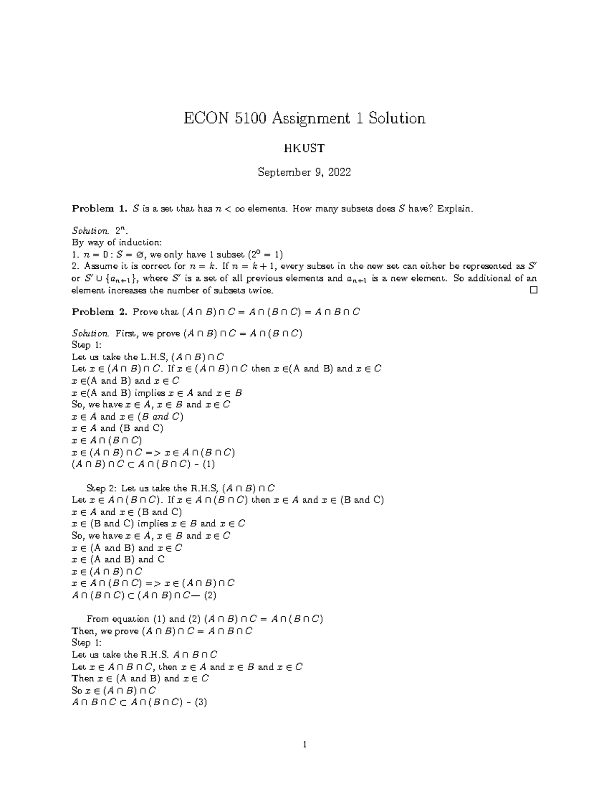 Problem Set 1 Solutions - ECON 5100 Assignment 1 Solution HKUST September 9, 2022 Problem 1. S ...