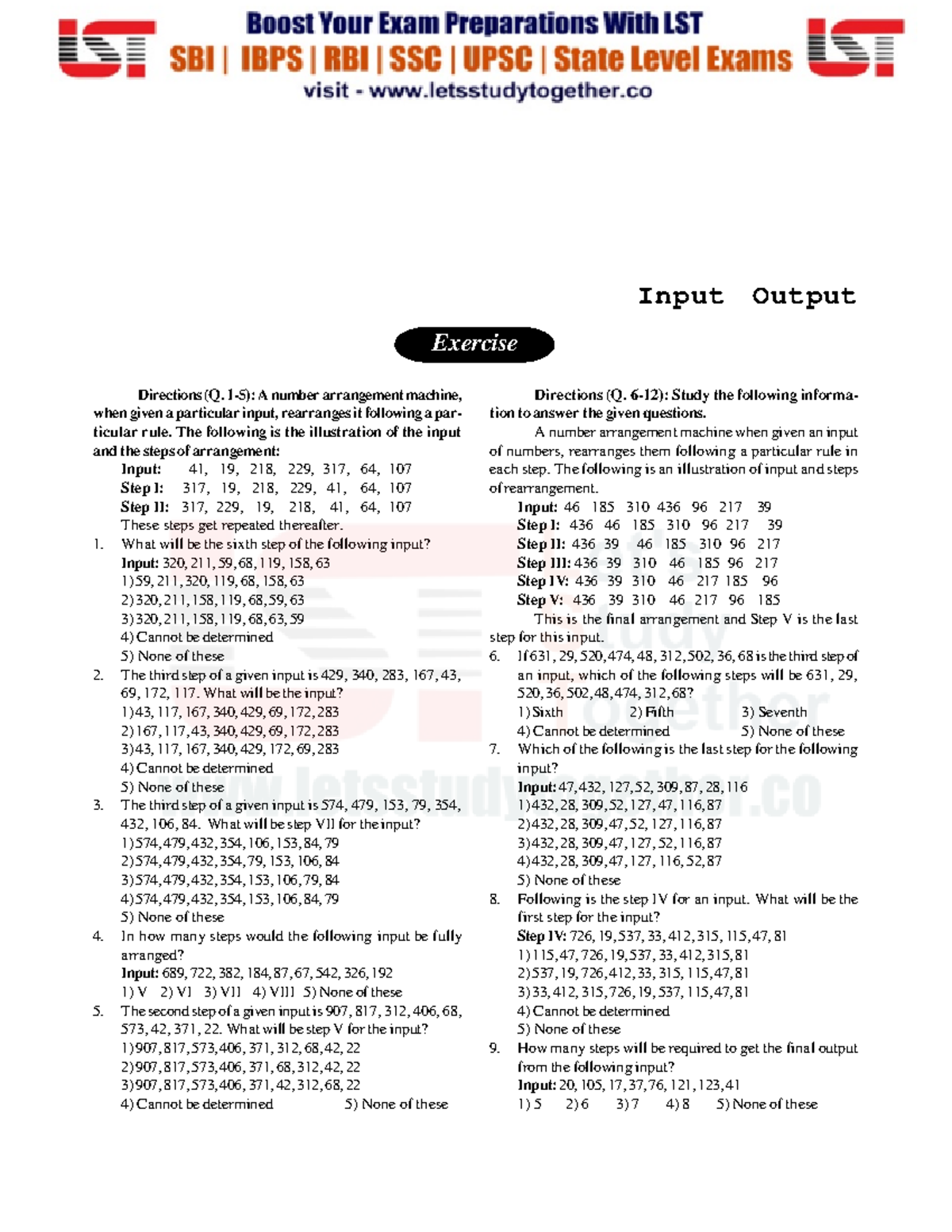 200 Input Output different type questions PDF - Directions (Q. 1-5): A number arrangement ...