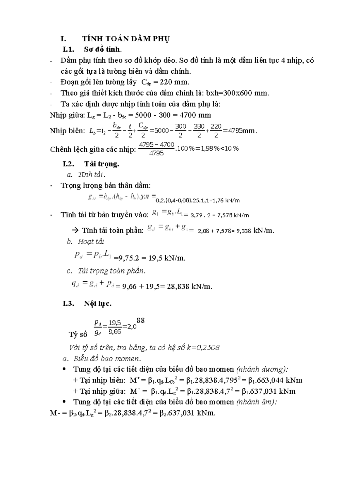TÍNH TOÁN DẦM PHỤ - sâdada - ####### I. TÍNH TOÁN DẦM PHỤ ####### I. Sơ ...