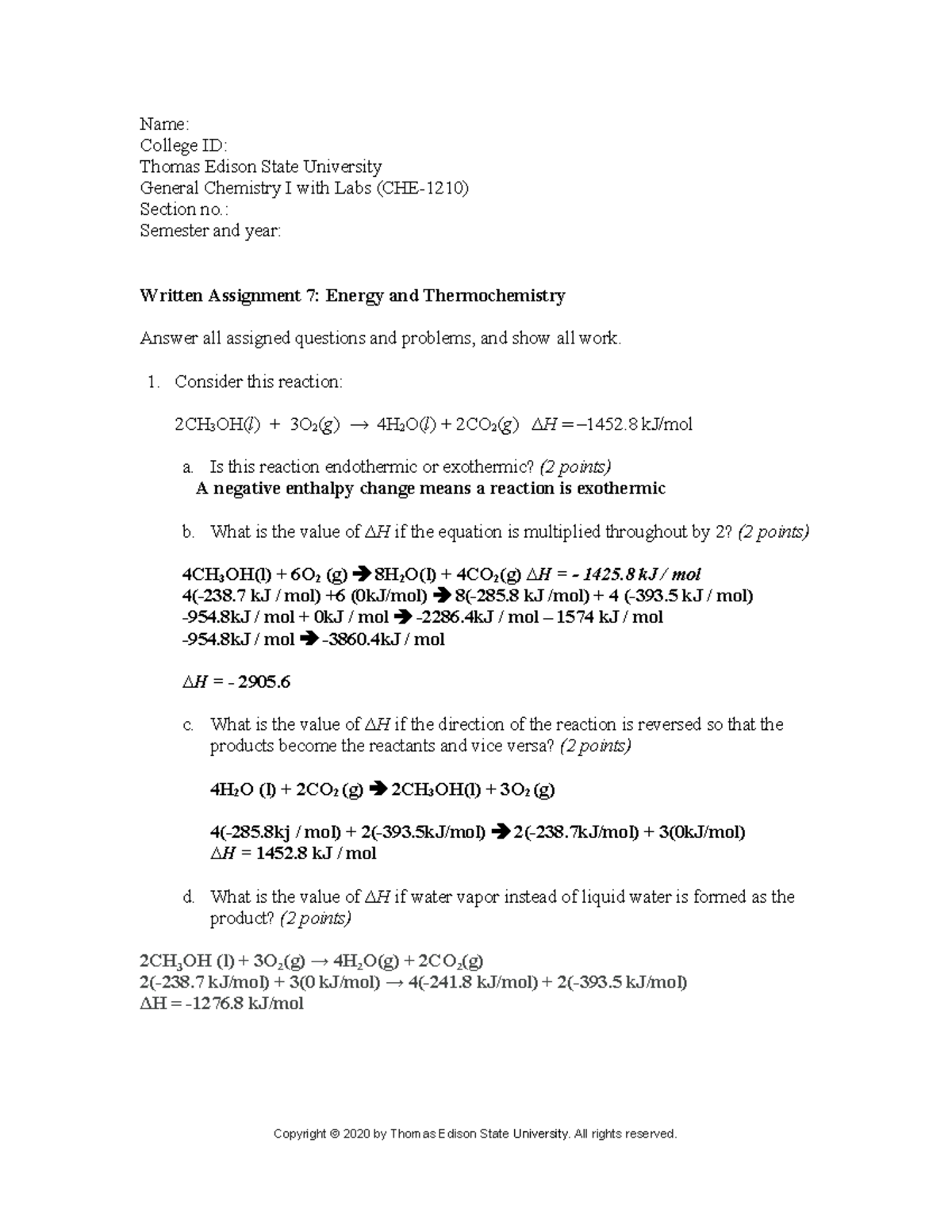 Writing assignment 7 chemistry studoc - Name: College ID: Thomas Edison ...
