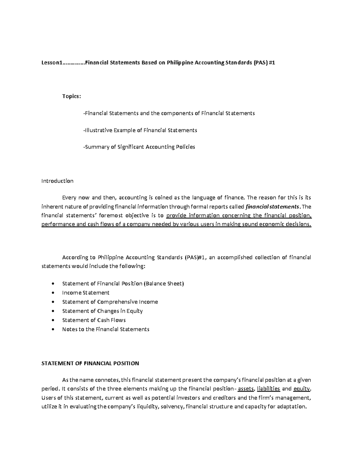 Financial Statements - Lesson1.............. Statements Based on ...