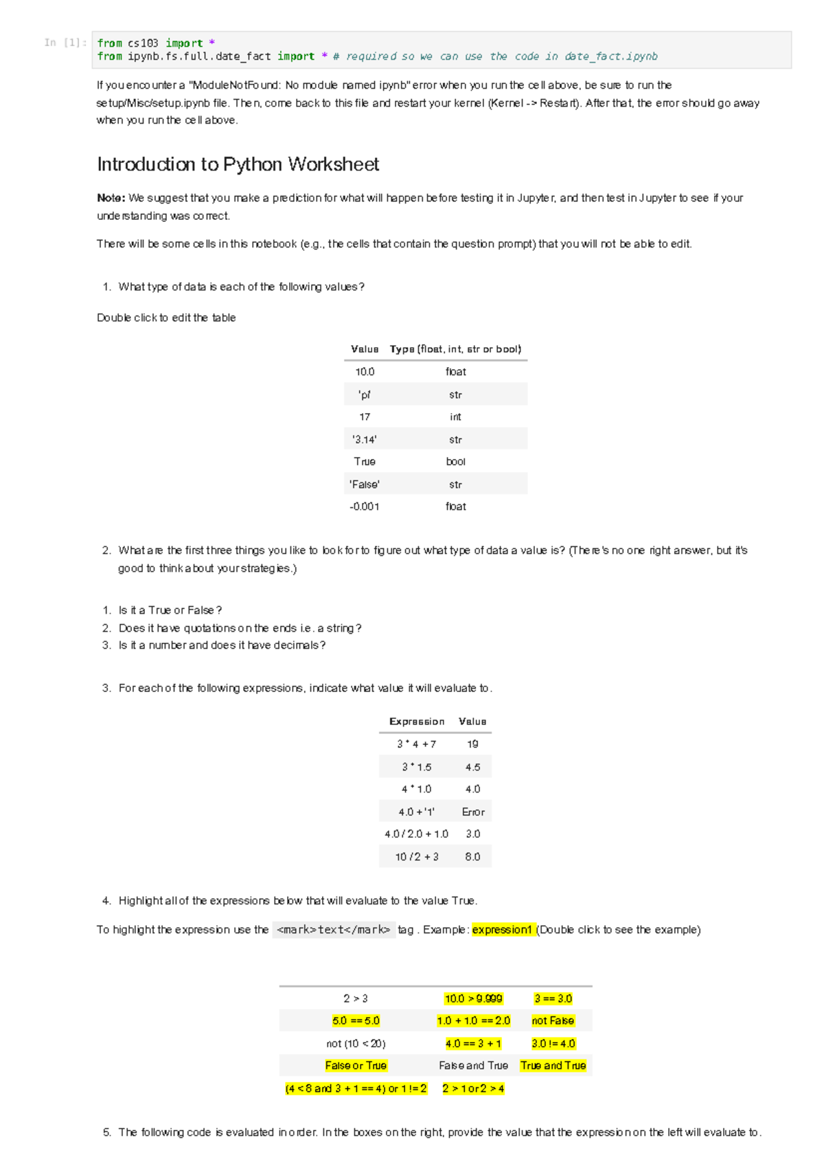Module 1 intro worksheet 1 - If you encounter a "ModuleNotFound: No module named ipynb" - Studocu