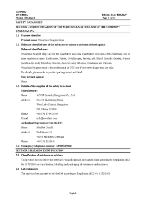 Sample Material Safety Data Sheet for Urine Reagent Strip - Material ...