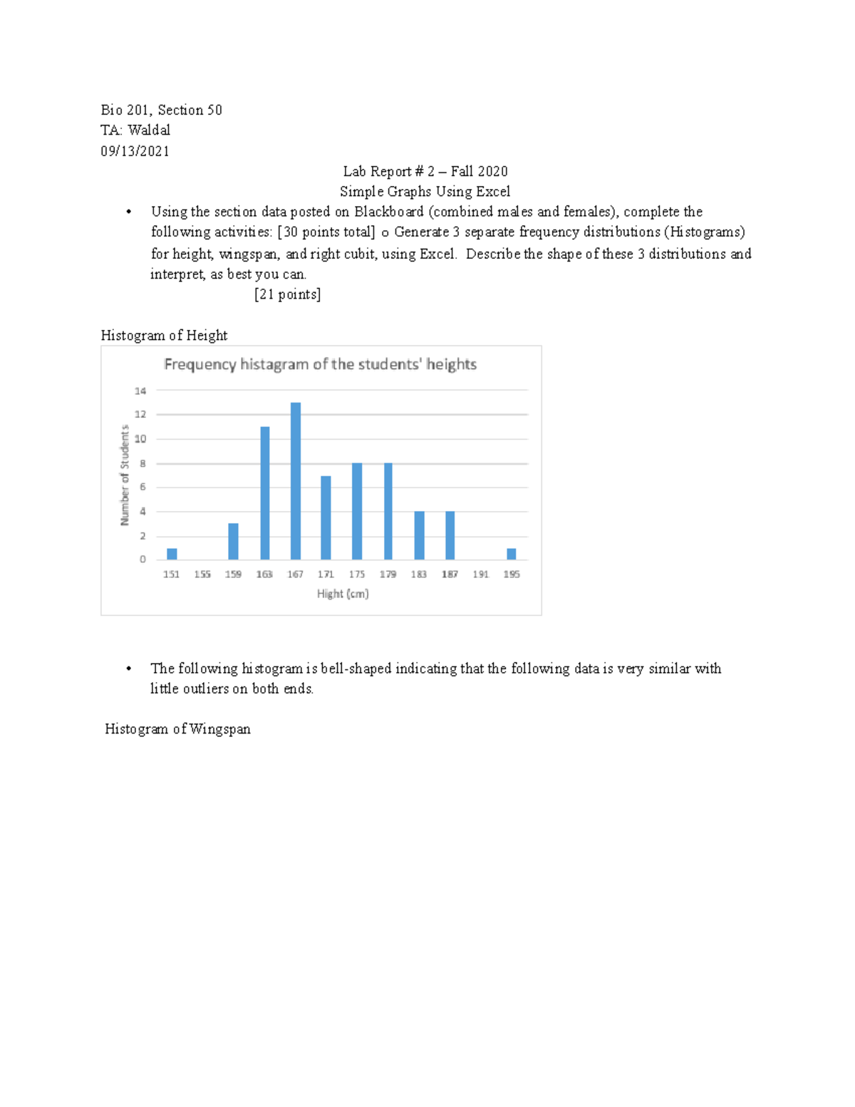 Bio 201 Simple Graphs Using Excel - Bio 201, Section 50 TA: Waldal 09/13/ Lab Report # 2 – Fall ...