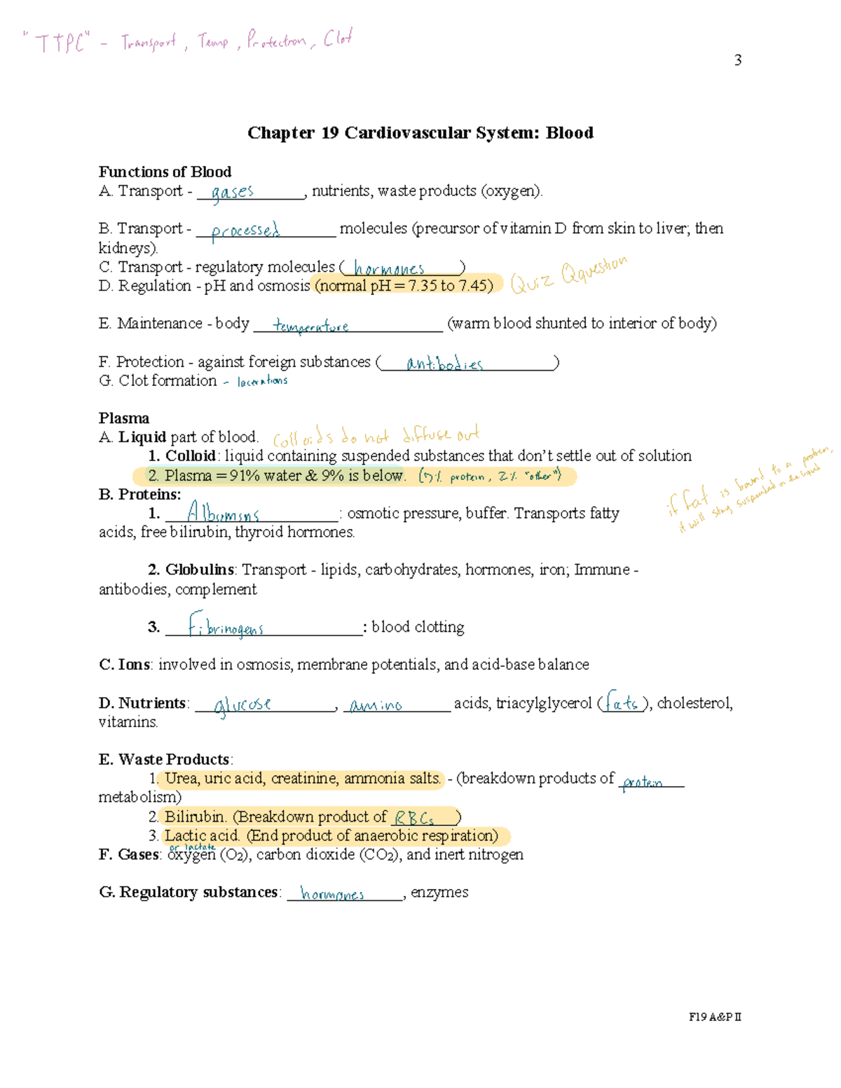 Lecture Notes - 3 Chapter 19 Cardiovascular System: Blood Functions of ...