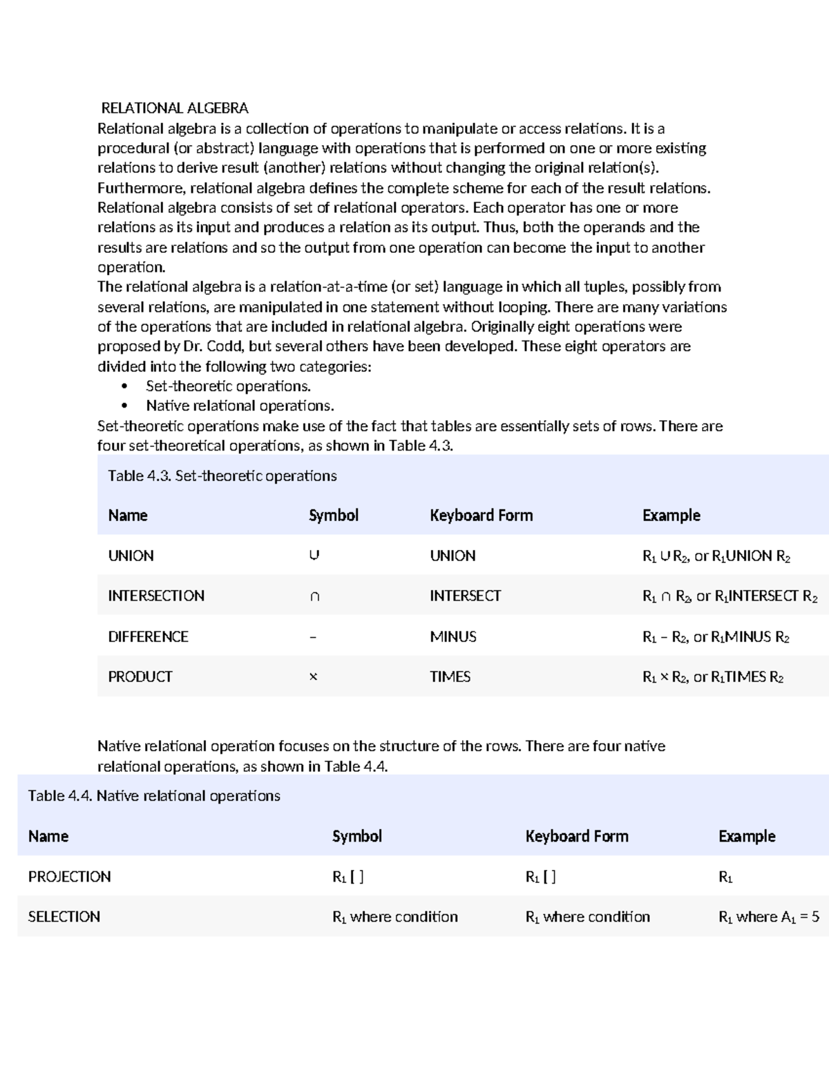 Relational Algebra IN Examples - RELATIONAL ALGEBRA Relational algebra ...