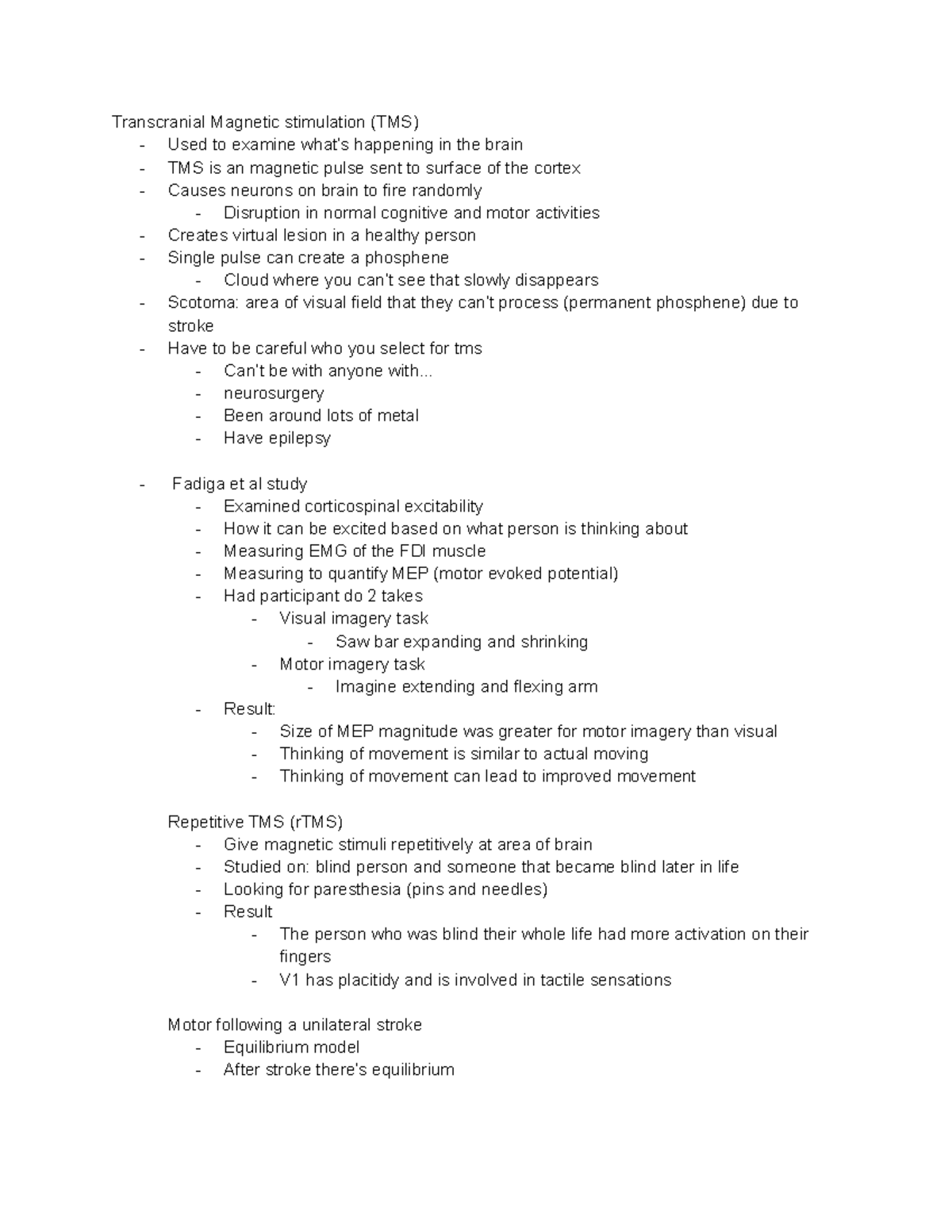 Lec 20 - Lecture notes - Transcranial Magnetic stimulation (TMS) - Used ...