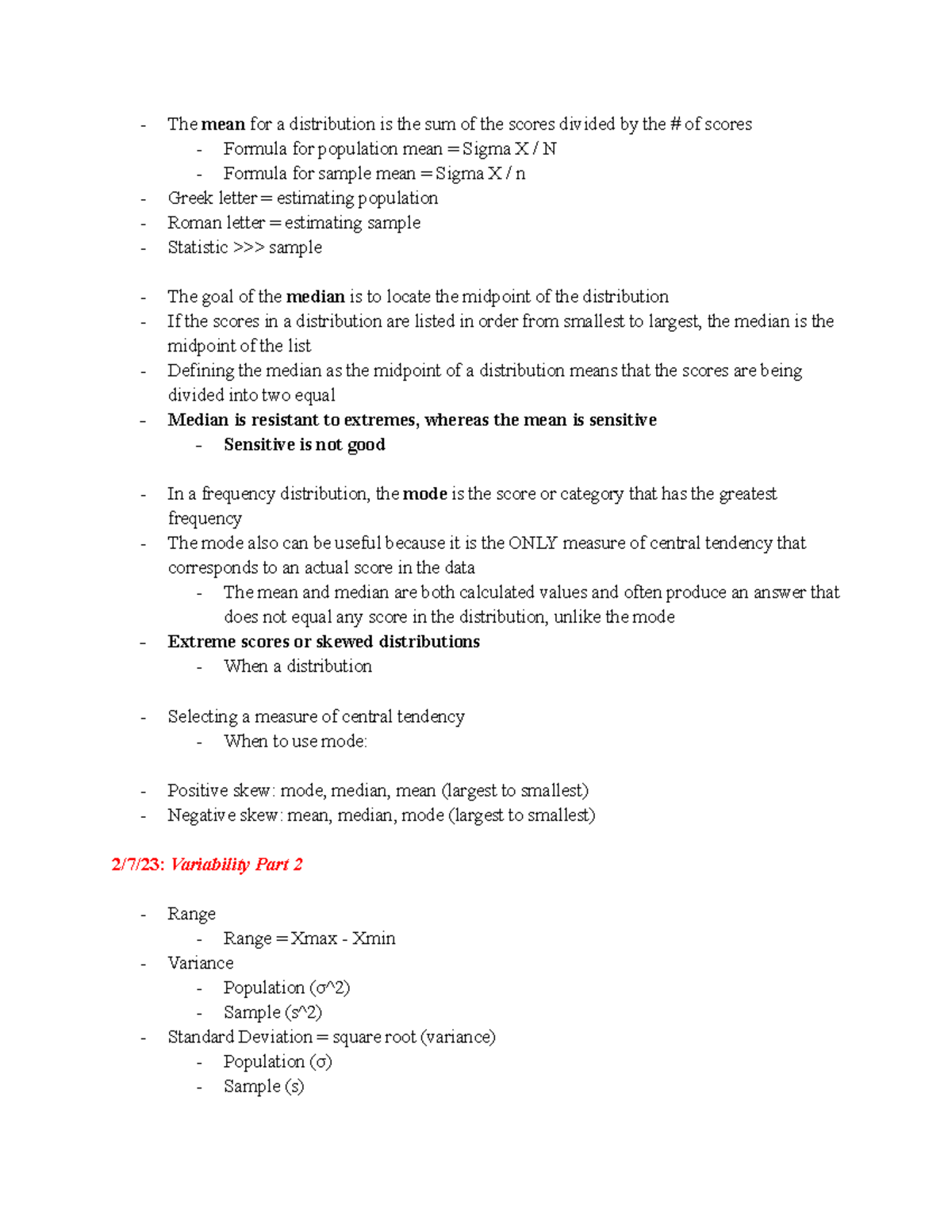 Psych Statistic Notes - The mean for a distribution is the sum of the ...