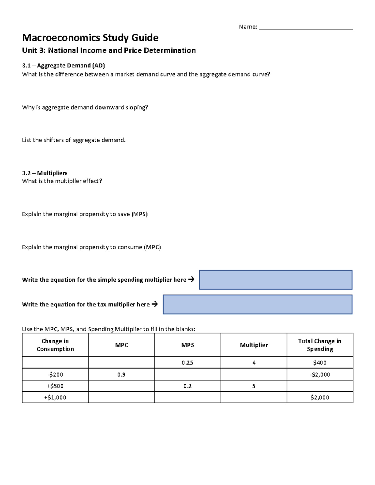Macroeconomics Unit 3Study Guide-1 - Name ...