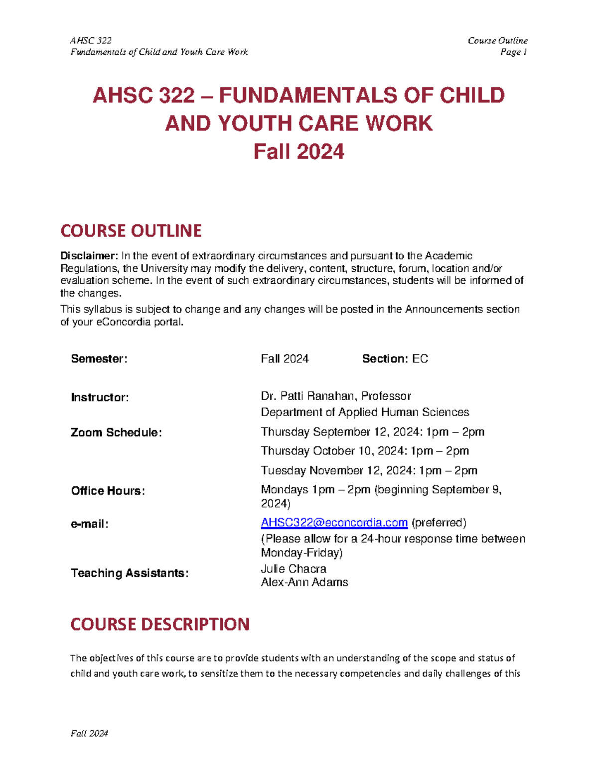 Course Outline - Fundamentals of Child and Youth Care Work Page 1 AHSC ...