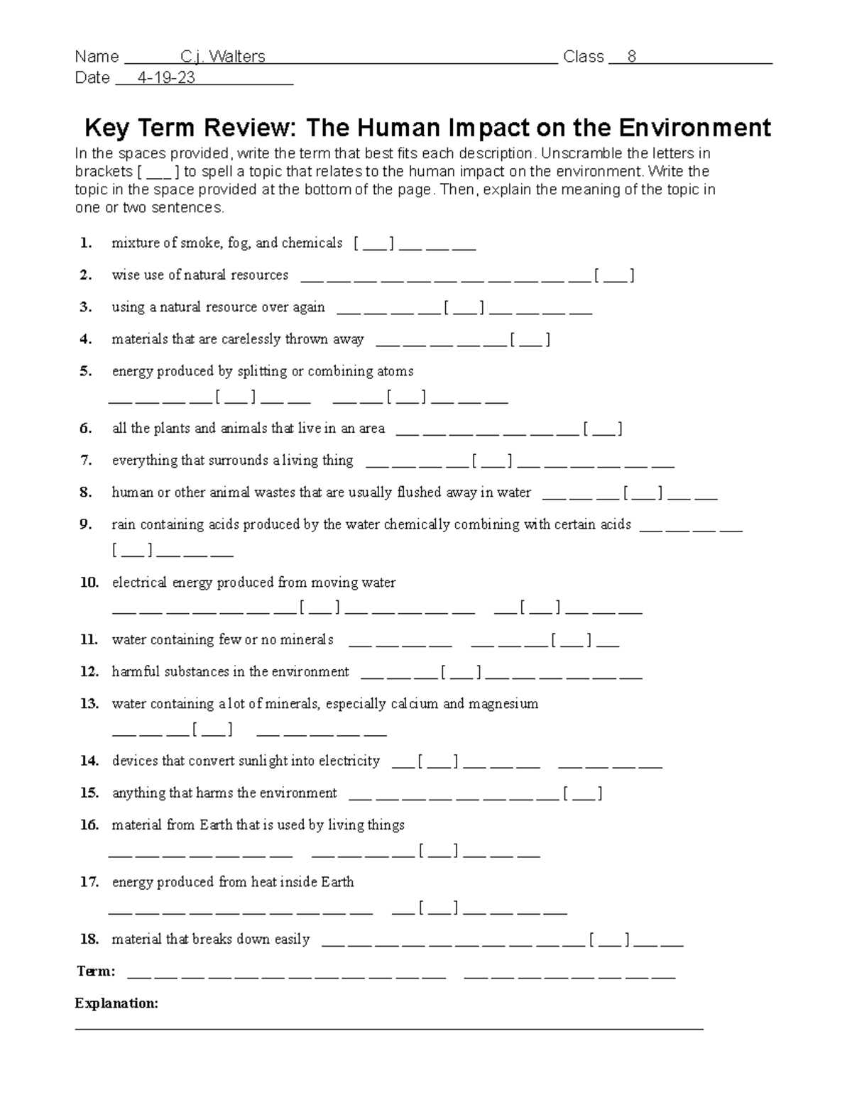 Human Impact wk - eeee - Name C. Walters Class 8 Date 4-19- Key Term ...