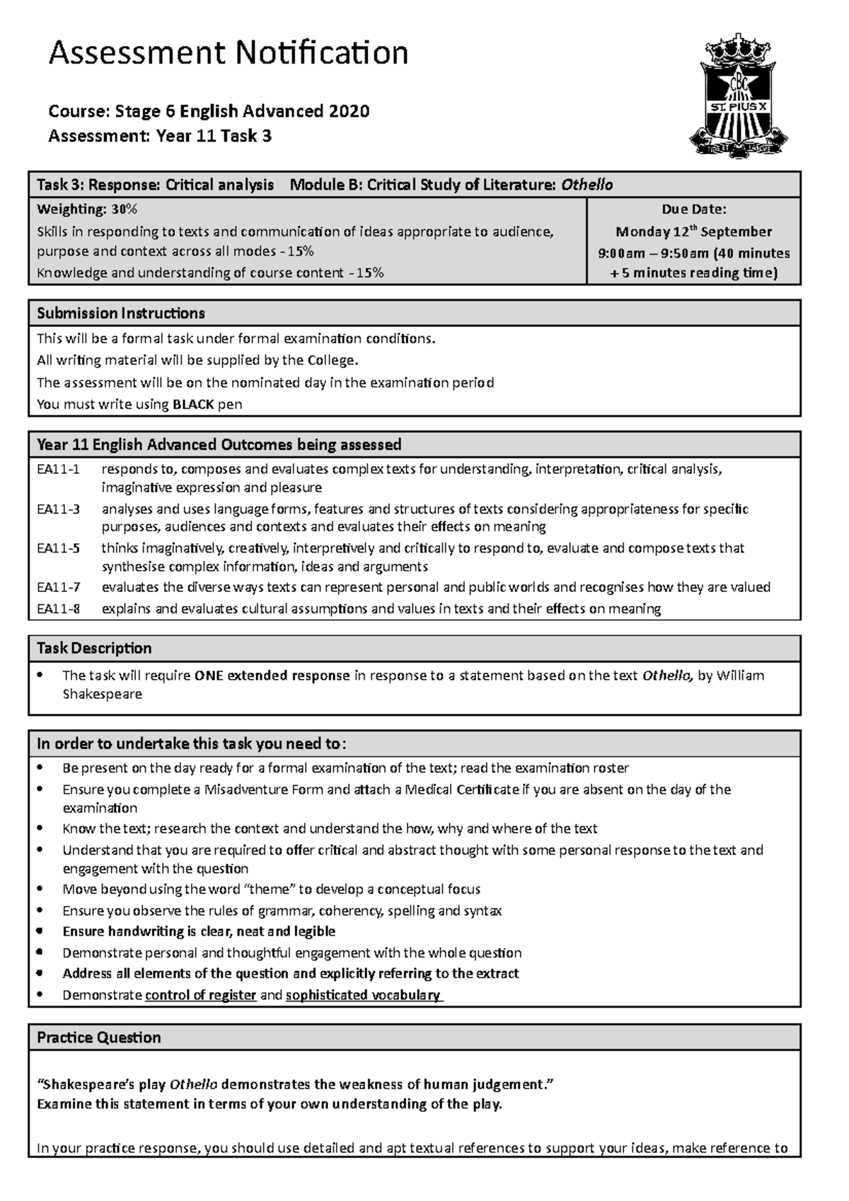 Year 11 Advanced 2022 Task 3 Notification - Assessment Notification ...