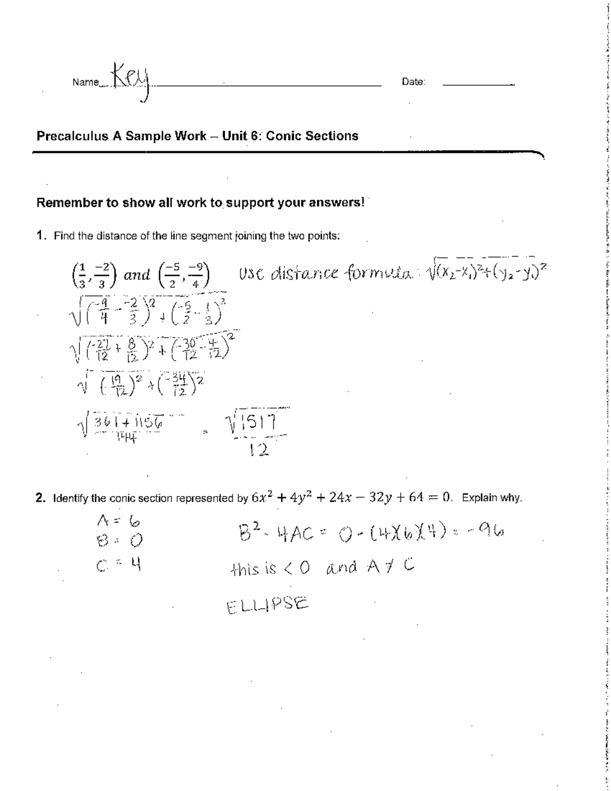 Precalculus A - Unit 6 Sample Work - Key - MATH 105 - StuDocu