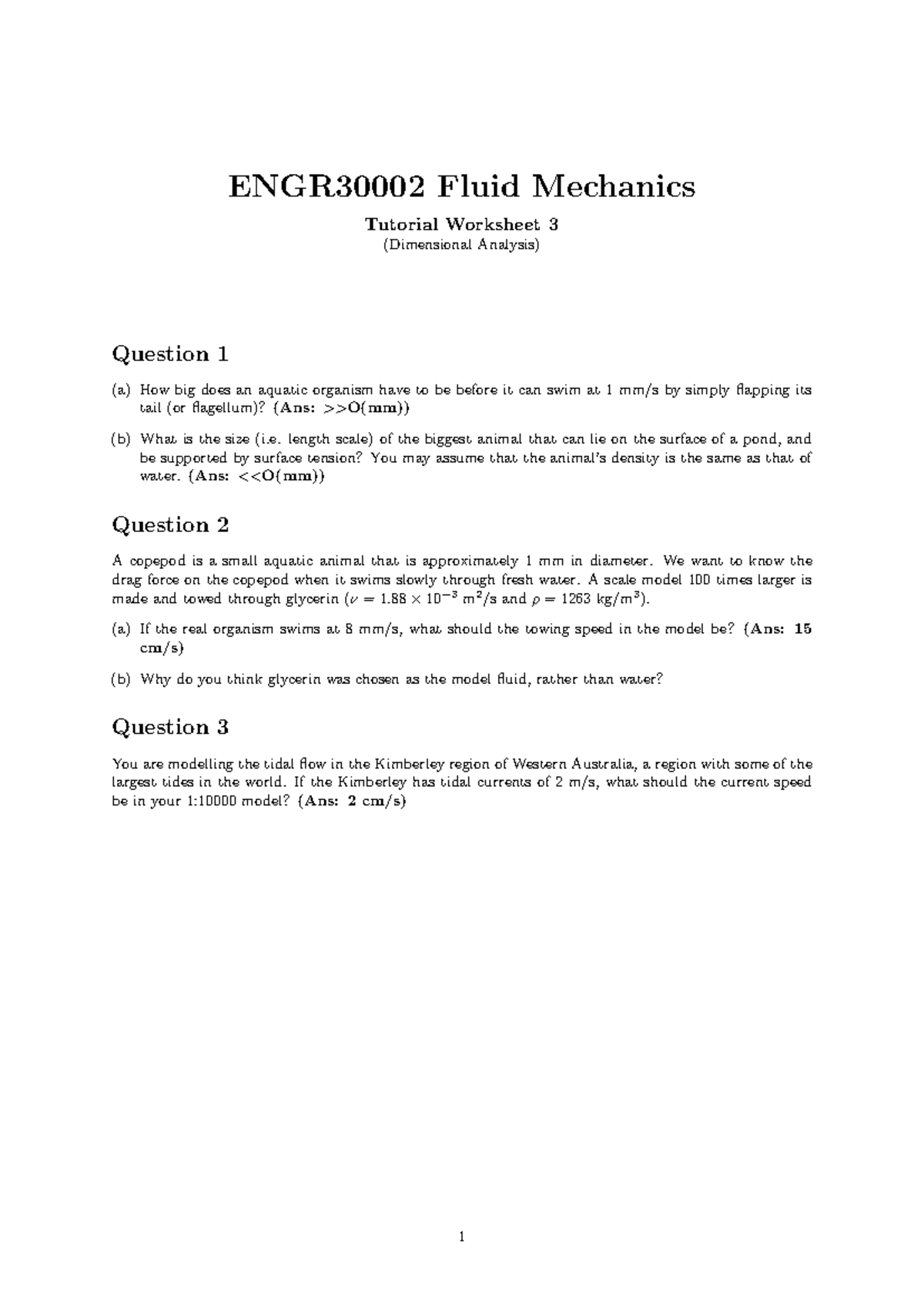 Tutorial 3 - ENGR30002 Fluid Mechanics Tutorial Worksheet 3 ...