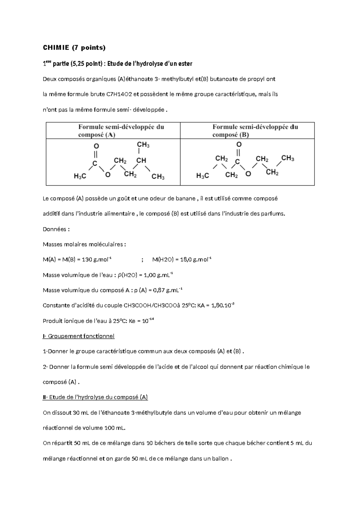 Examen national SM2010 normal - CHIMIE (7 points) 1 ere partie (5,25 ...