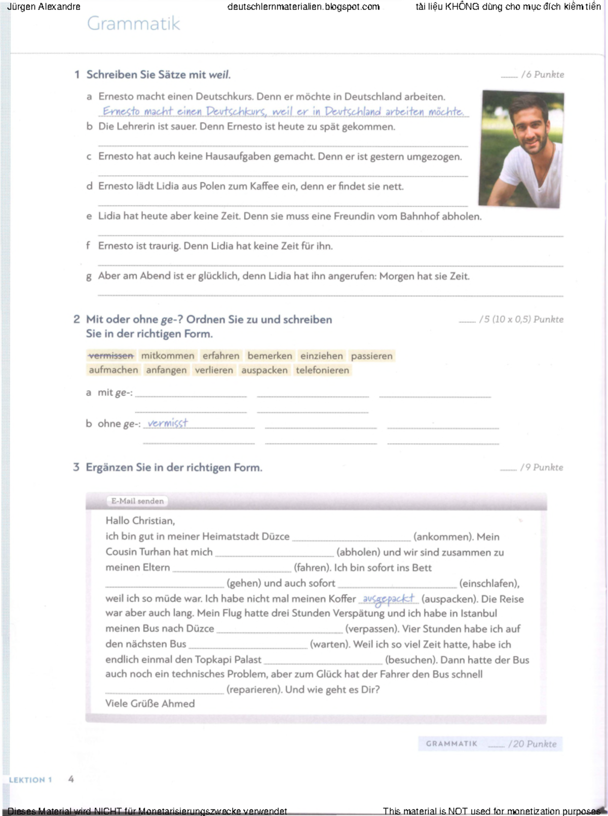 WDH Kap 1, 2 - Niveau A1 - Grammatik 1 Schreiben Sie Sätze mit weil. /6 ...