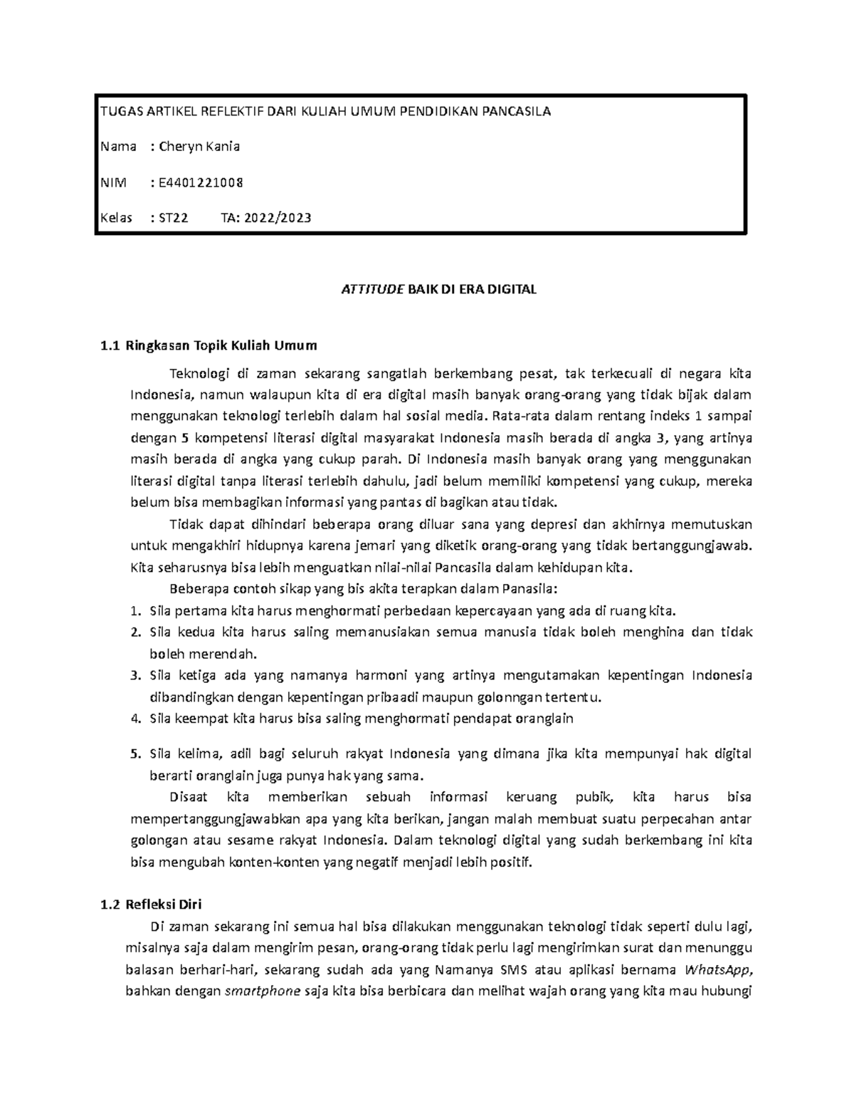 Tugas Artikel Reflektif DARI Kuliah UMUM Pendidikan Pancasila - TUGAS ...