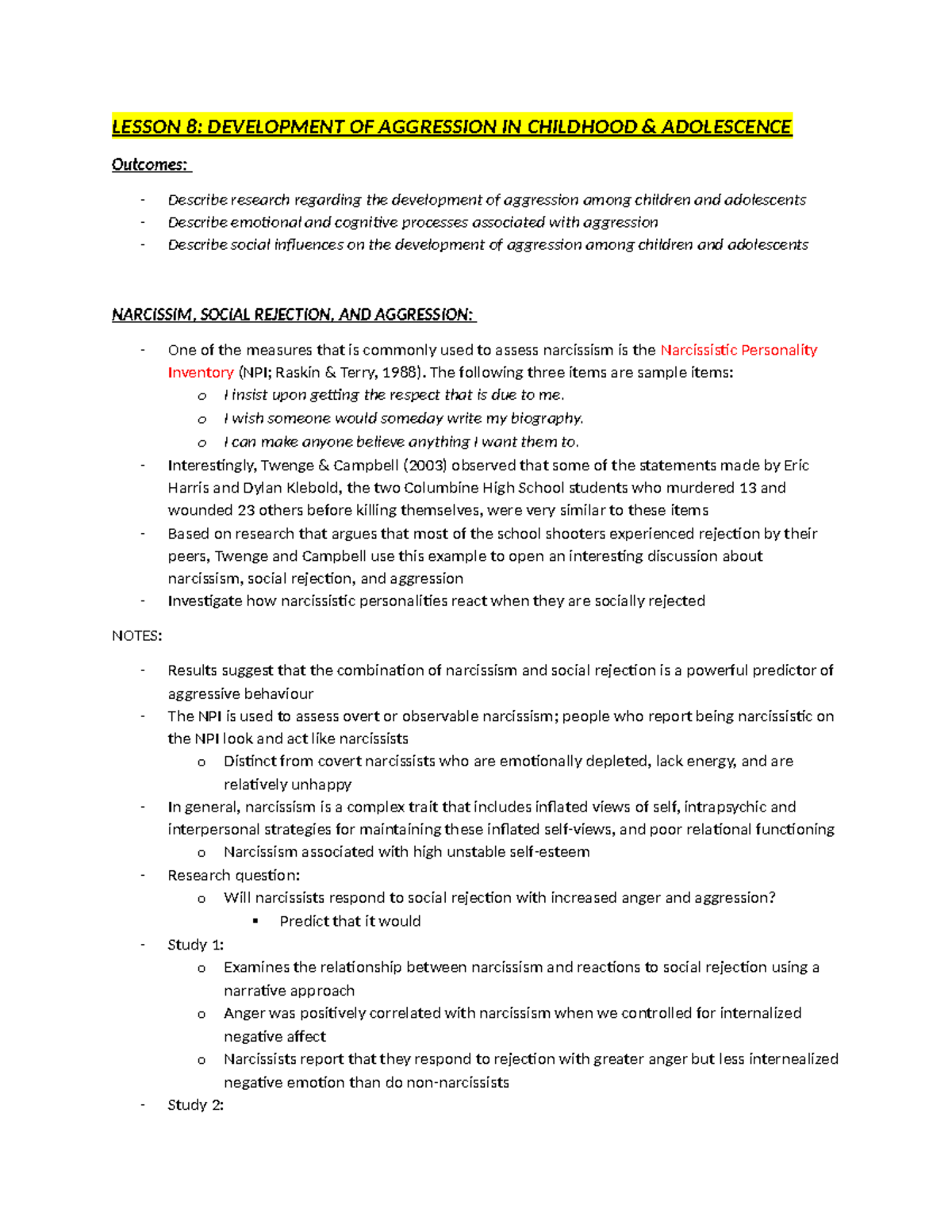 Lesson 8 Development of Aggression in Childhood & Adolescence - LESSON ...