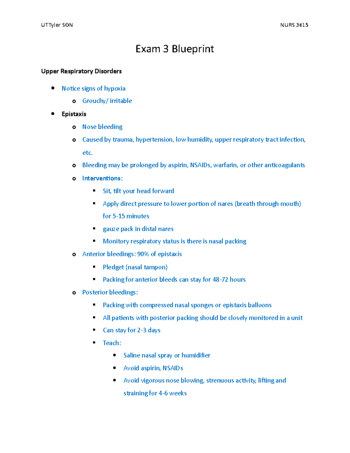Exam Blueprint Exam 3 NURS3615 - Exam 3 Blueprint Upper Respiratory ...