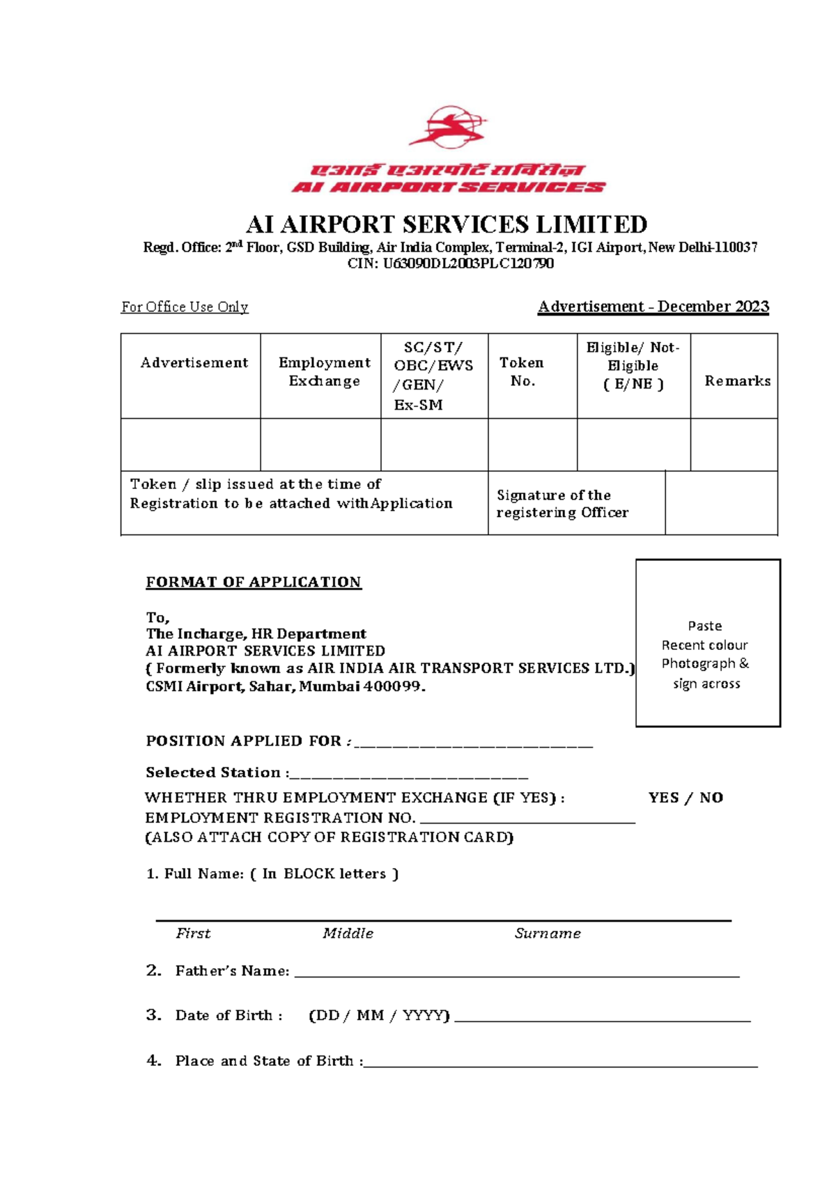 Ajeapplication - AI AIRPORT SERVICES LIMITED Regd. Office: 2 nd Floor ...