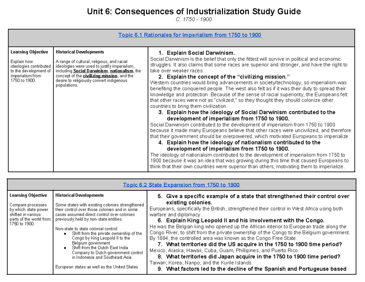 Unit 6 - Imperialism - Reading Guide - Unit 6: Consequences of ...