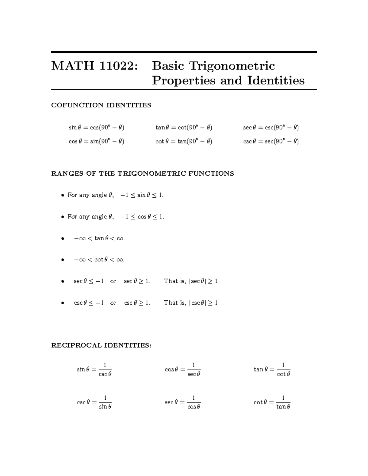 Basic Trigonometric Properties And Identities - MATH 11022: Basic ...