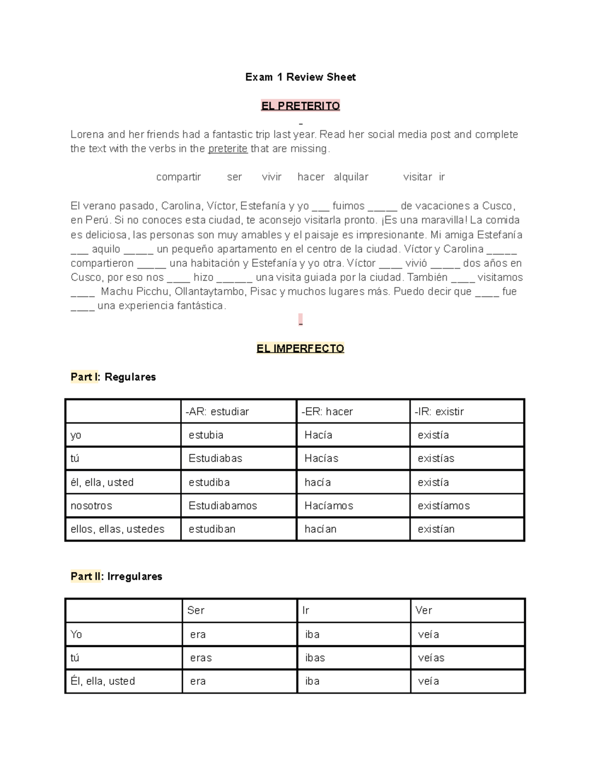 Completed Exam 1 Review Sheet - Exam 1 Review Sheet EL PRETERITO Lorena ...