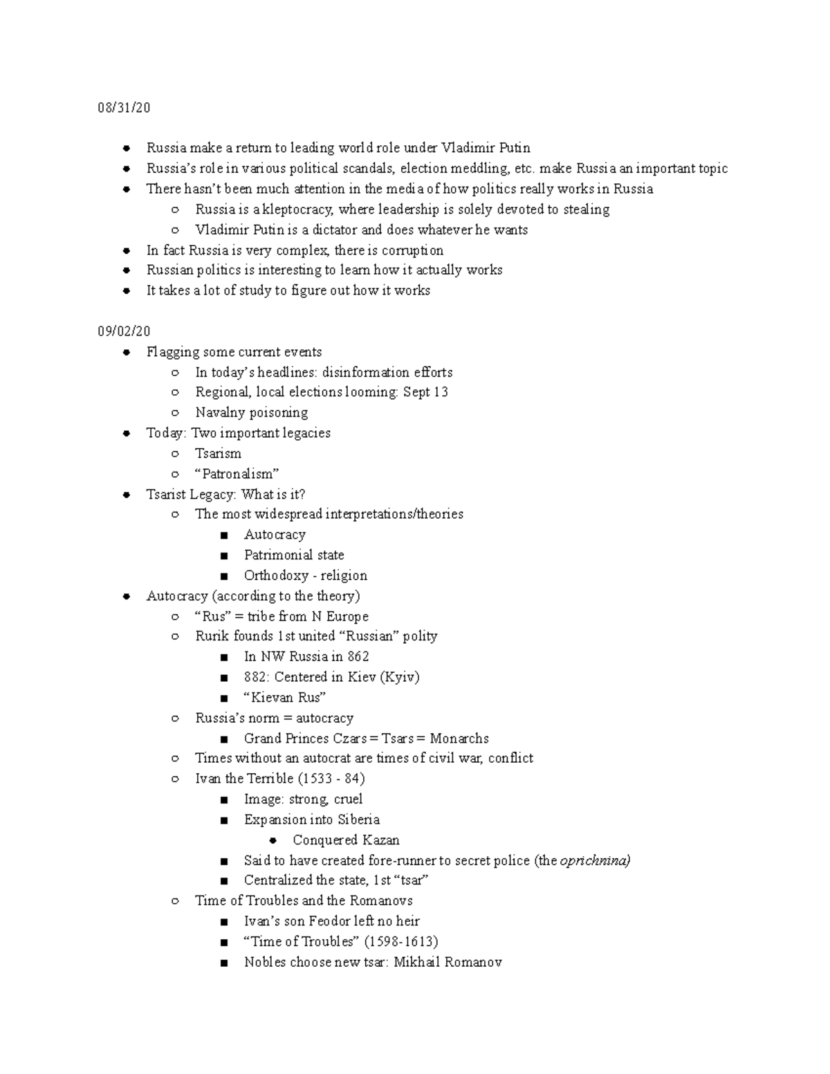 Russian Politics - Lecture notes All lectures that semester - Russia ...