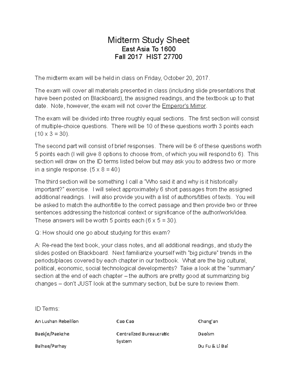 HIST 277 Midterm Study Sheet. F17 - Midterm Study Sheet East Asia To 1600 Fall 2017 HIST 27700 ...