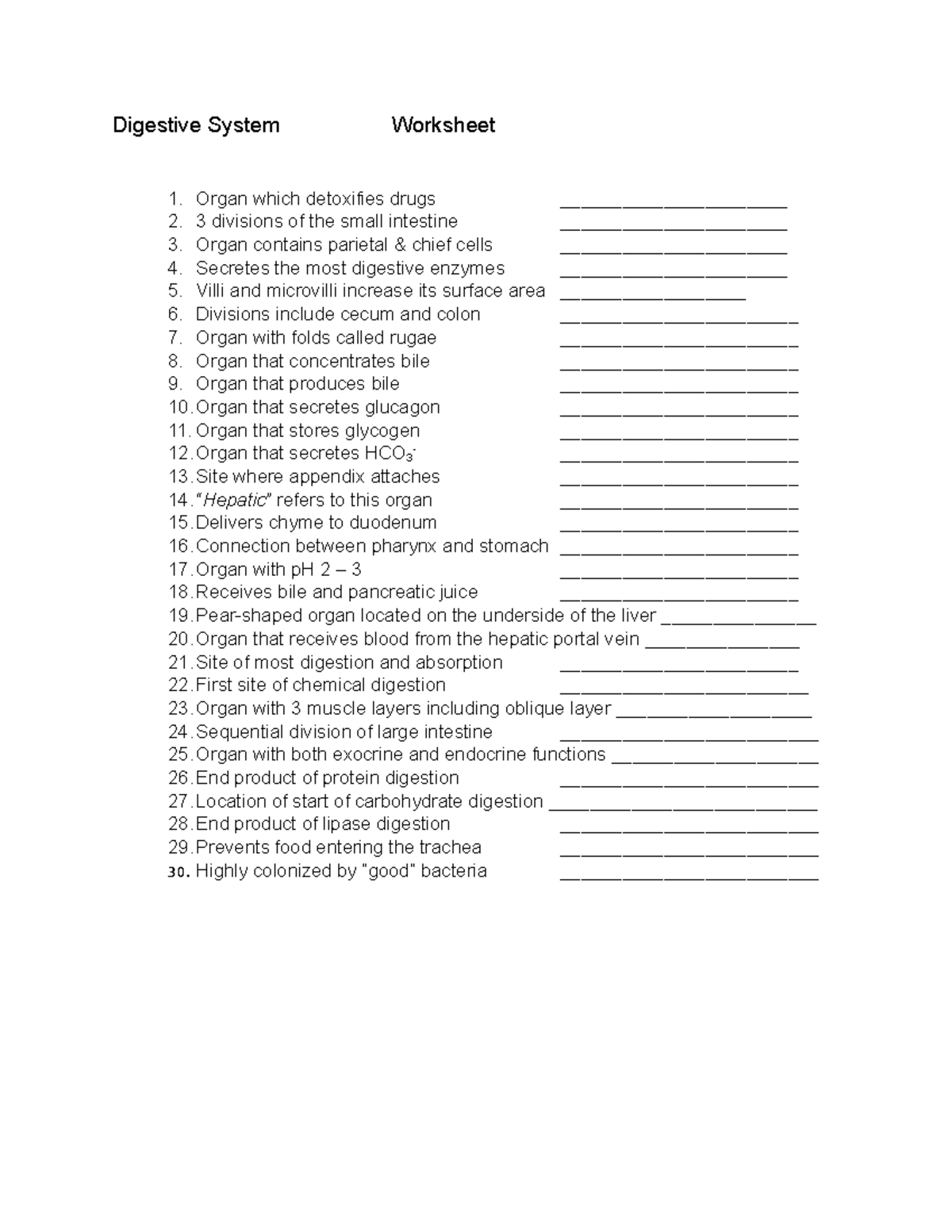 Digestive System Worksheet - Digestive System Worksheet Organ which ...