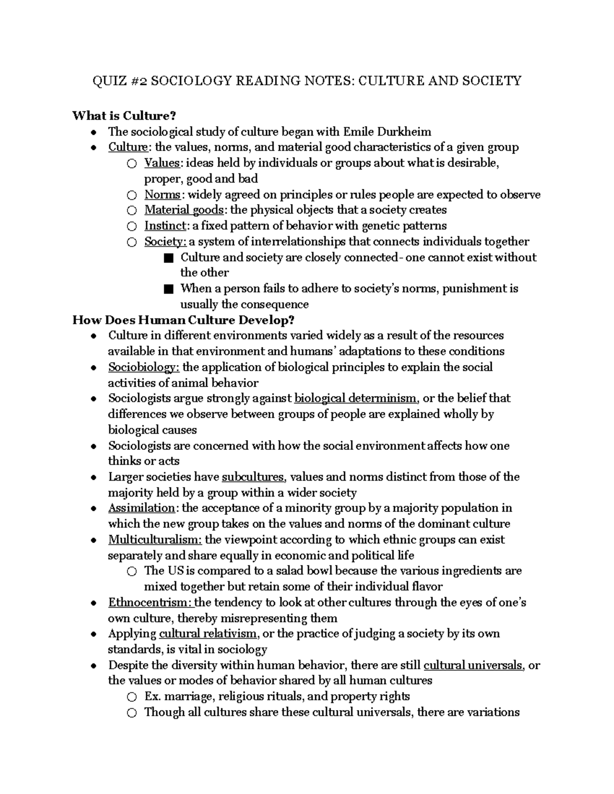 QUIZ #2 Sociology Reading Notes Culture AND Society - QUIZ #2 SOCIOLOGY ...