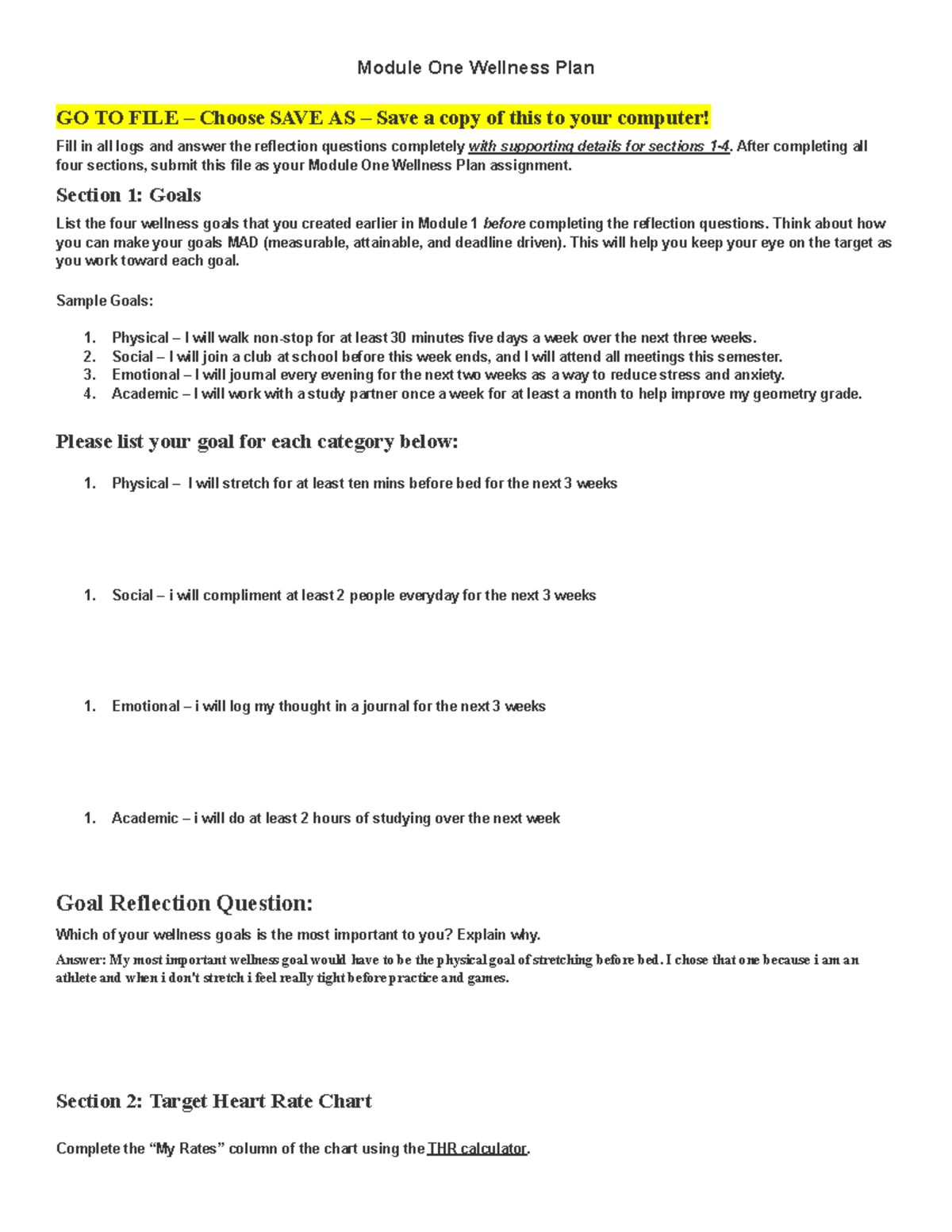 Wellness plan - Module One Wellness Plan GO TO FILE – Choose SAVE AS ...