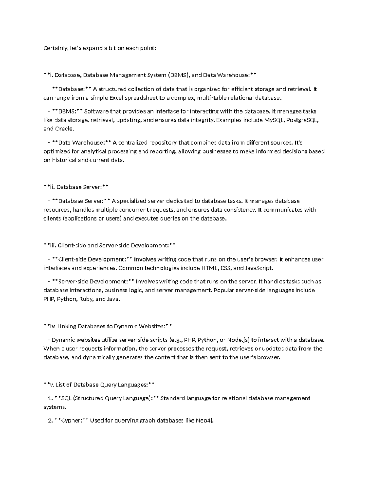 Database assignment 1 - Certainly, let's expand a bit on each point: i. Database, Database - Studocu