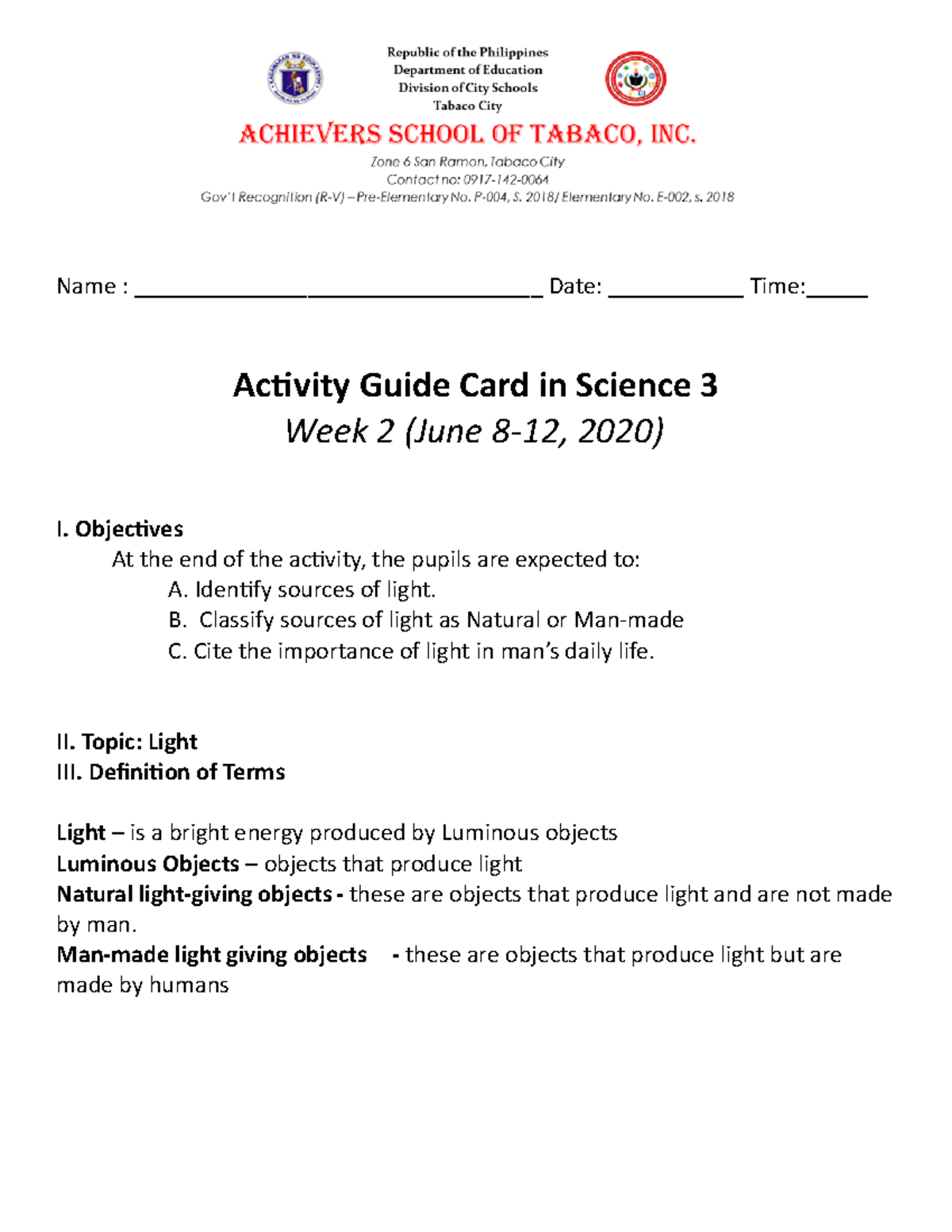 Activity Guide Card in Science 3 - Name ...