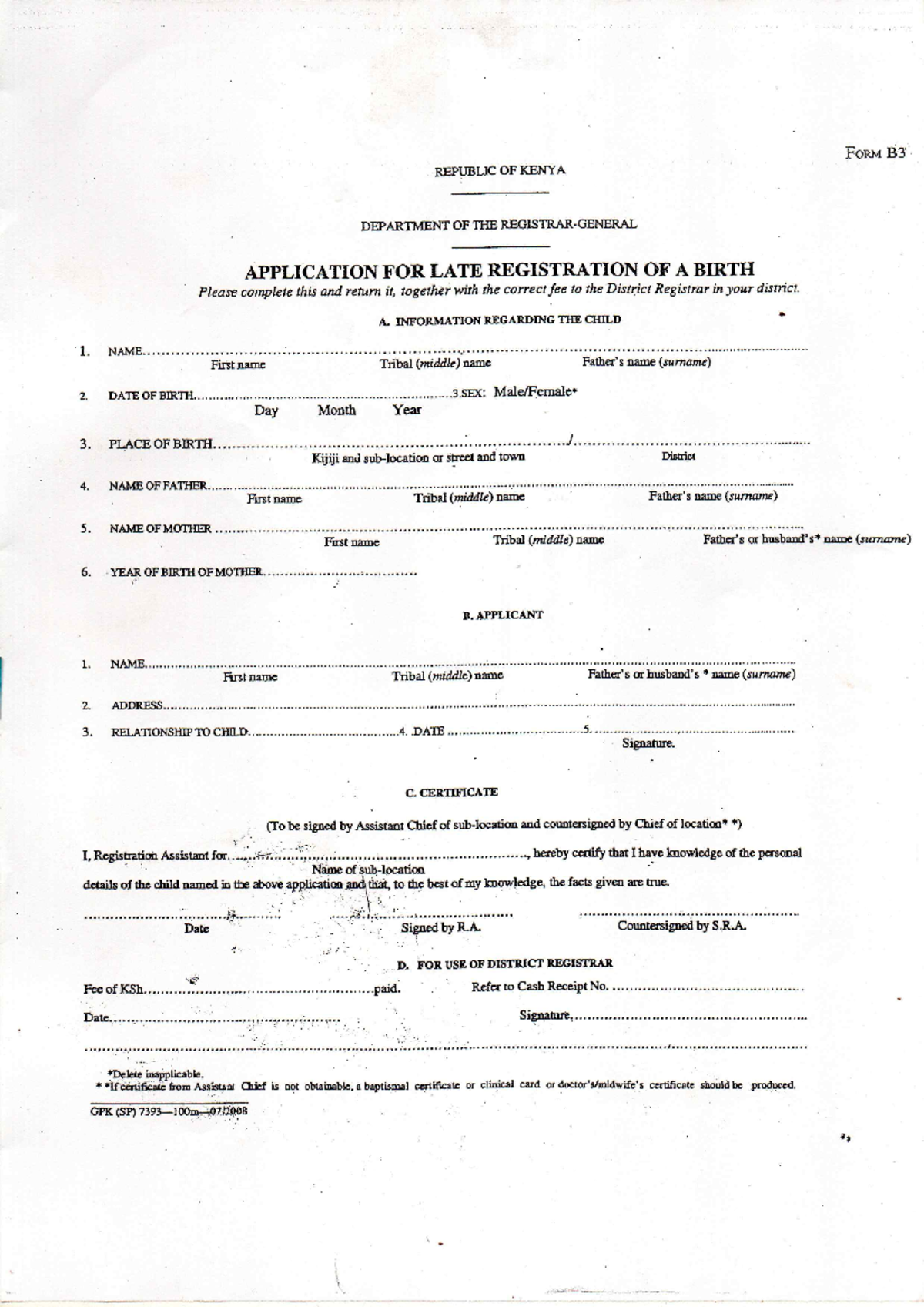 Form b3 late birth registration - Hospitality management - Studocu