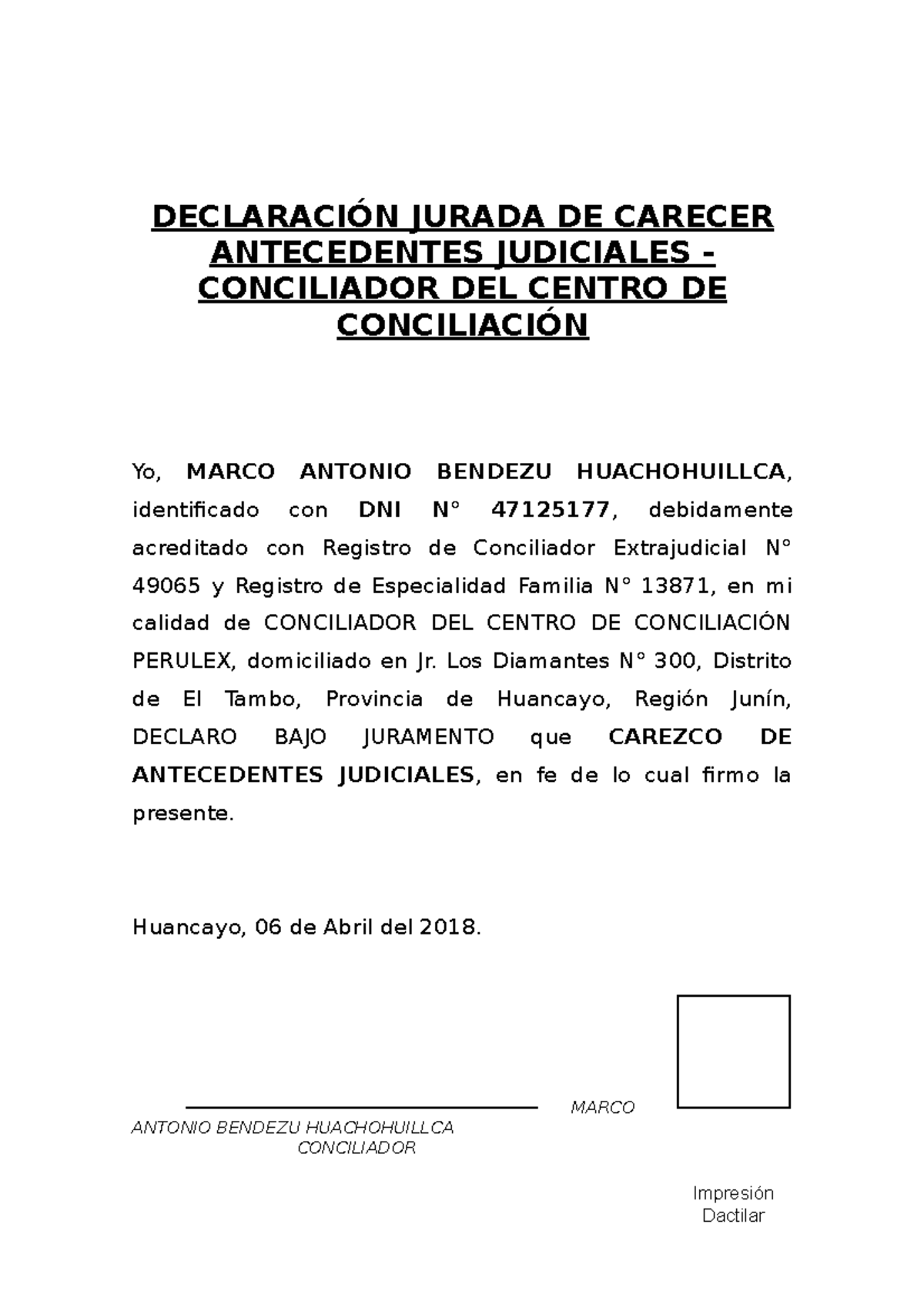 Declaracion Jurada DE Carecer Antecedentes Policiales Penales ...