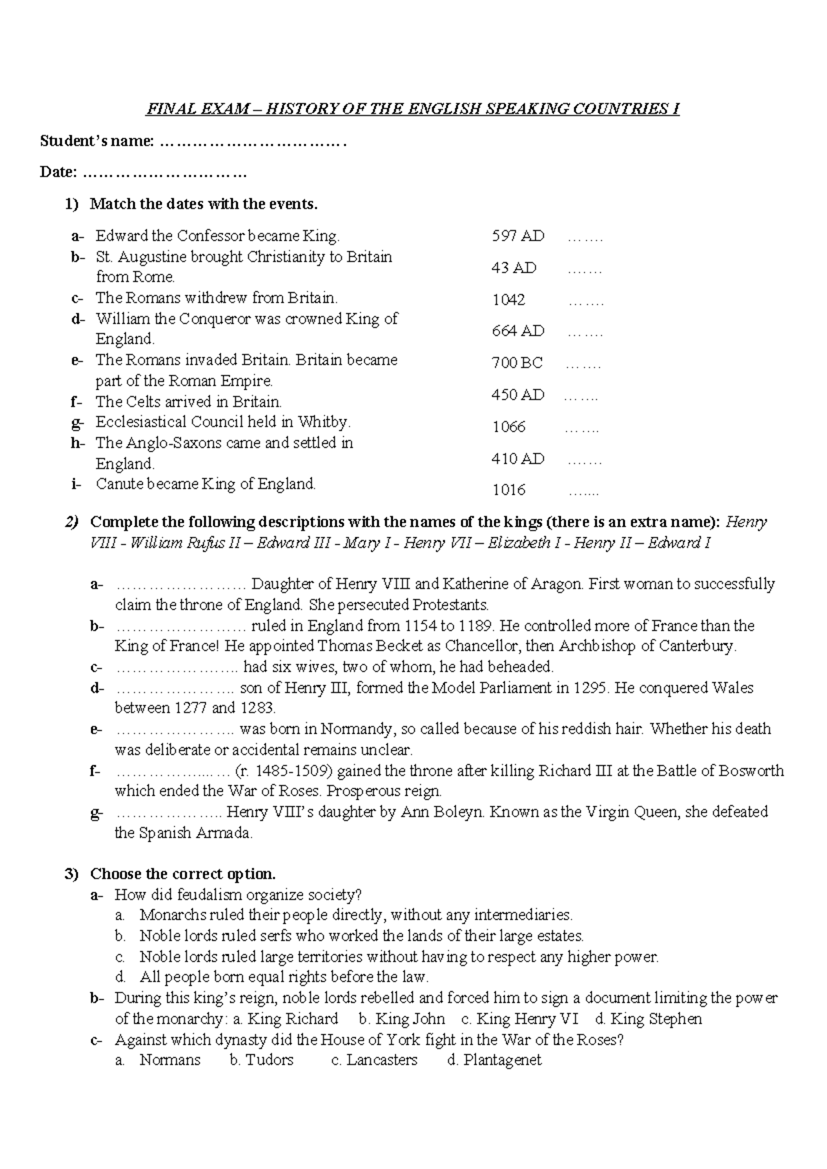 Final EXAM history I - FINAL EXAM – HISTORY OF THE ENGLISH SPEAKING ...