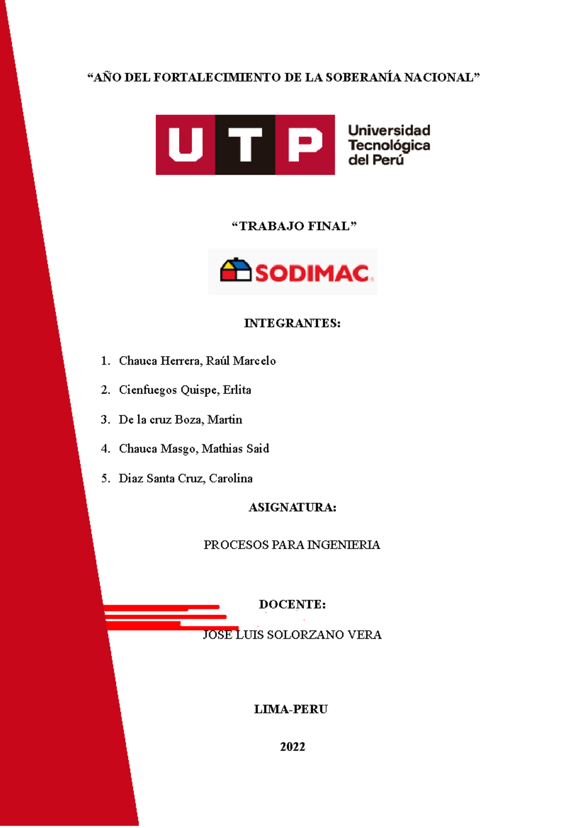 Trabajo Final Sodimac - adddddddddddd - “AÑO DEL FORTALECIMIENTO DE LA ...