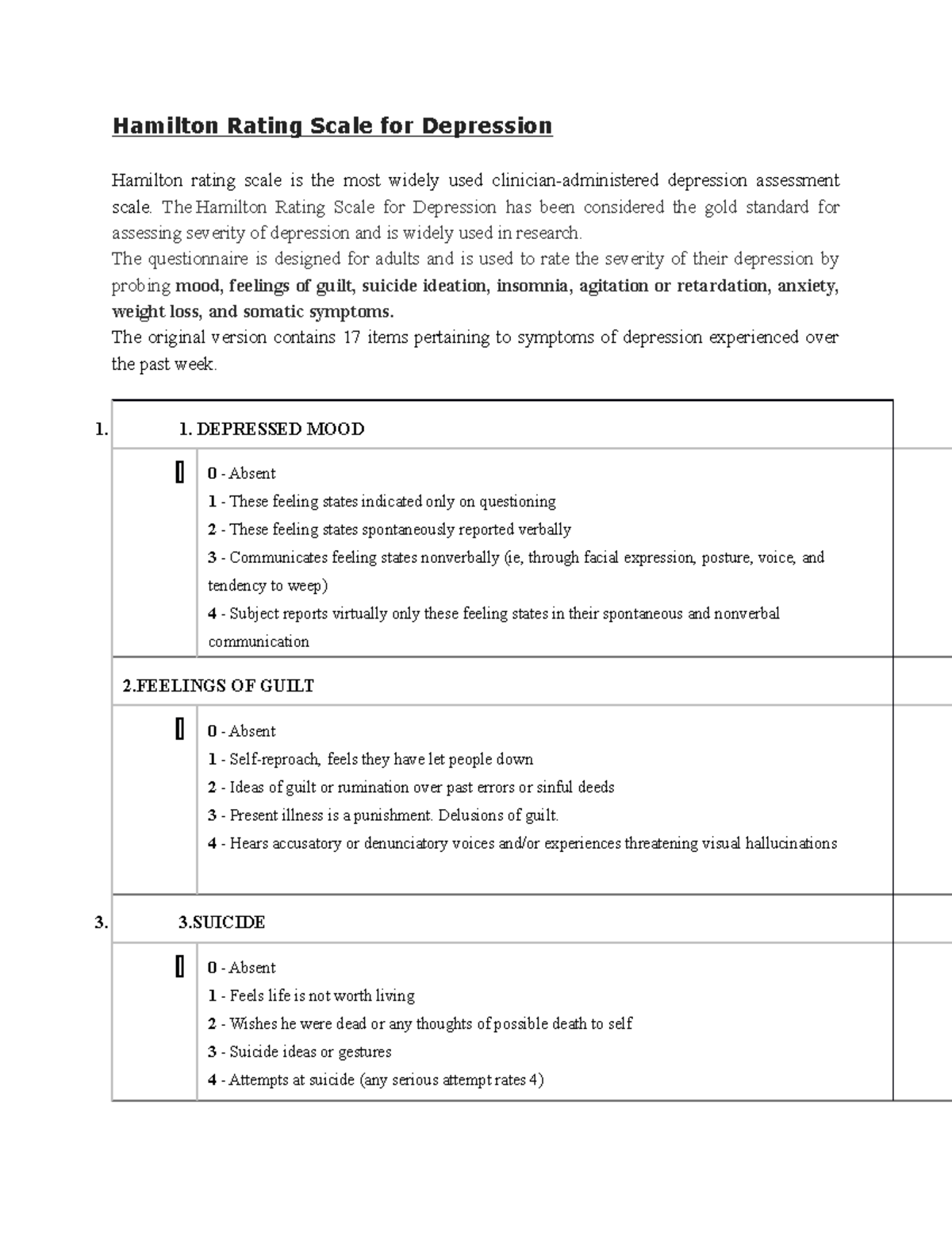 Hamilton Rating Scale for Depression - Hamilton Rating Scale for ...