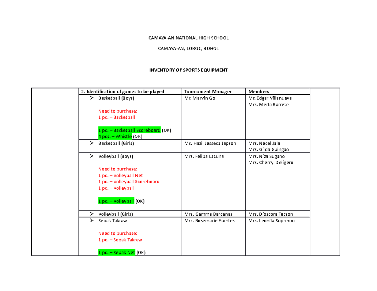 Inventory of Sports Equipment - CAMAYA-AN NATIONAL HIGH SCHOOL CAMAYA ...