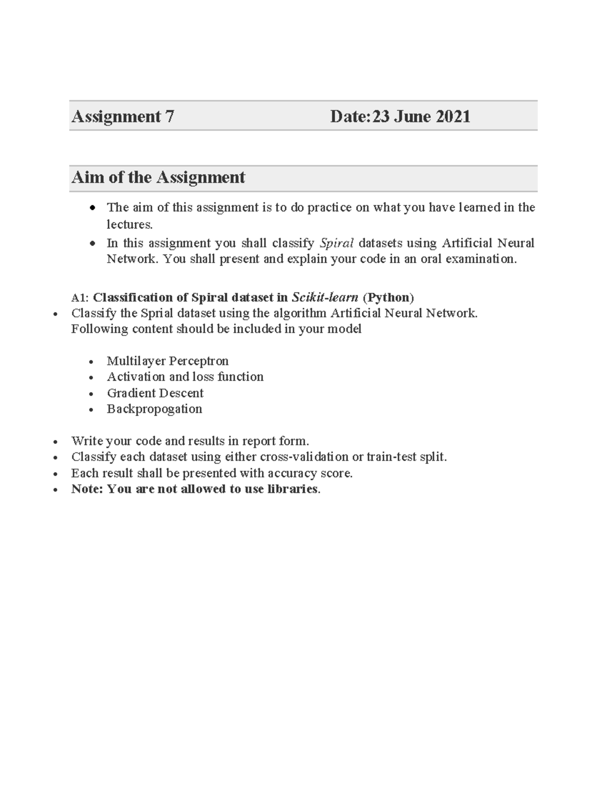 Assignment 7 Artificial Neural Network Code - Assignment 7 Date:23 June ...