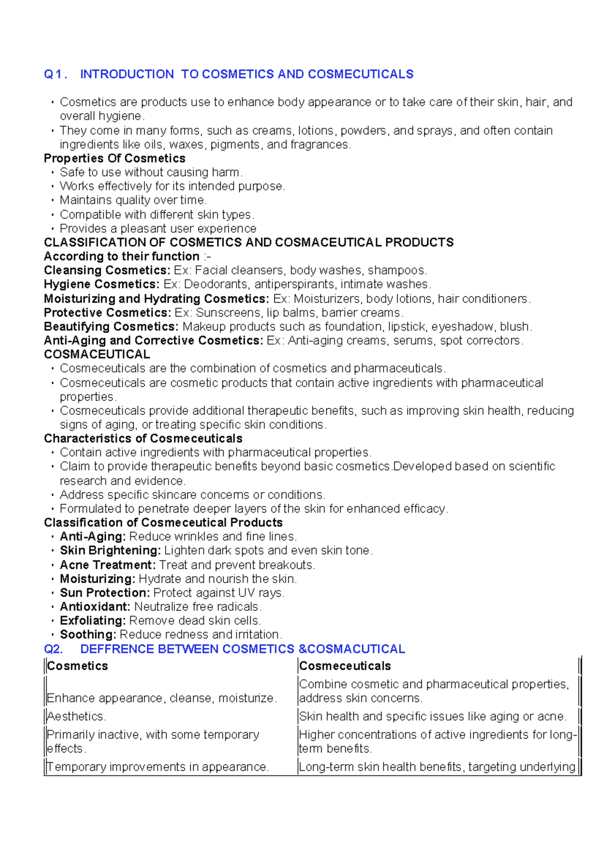 Cosmetic chit - Q 1. INTRODUCTION TO COSMETICS AND COSMECUTICALS ...