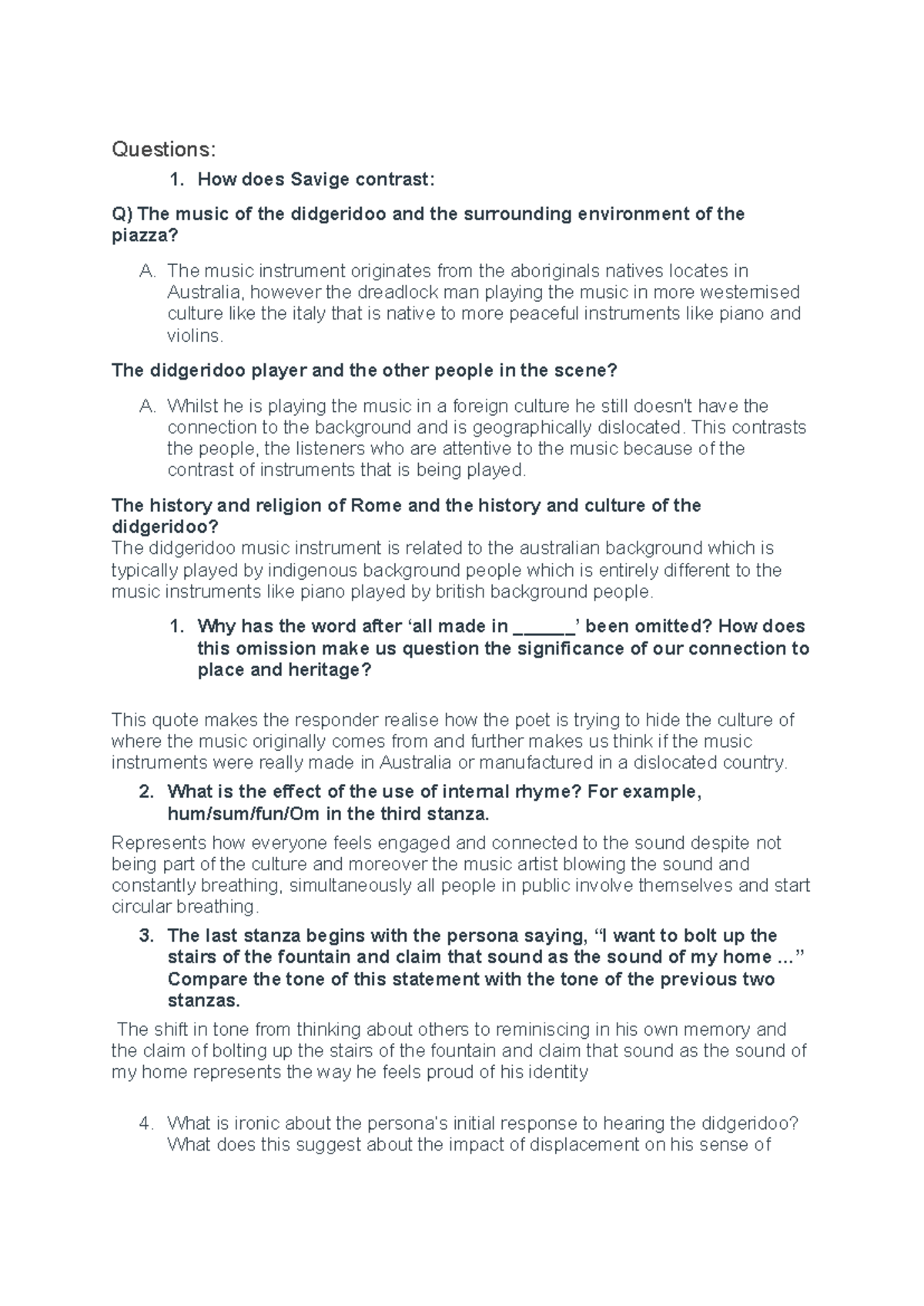 Questions circular breathing - Questions: 1. How does Savige contrast ...